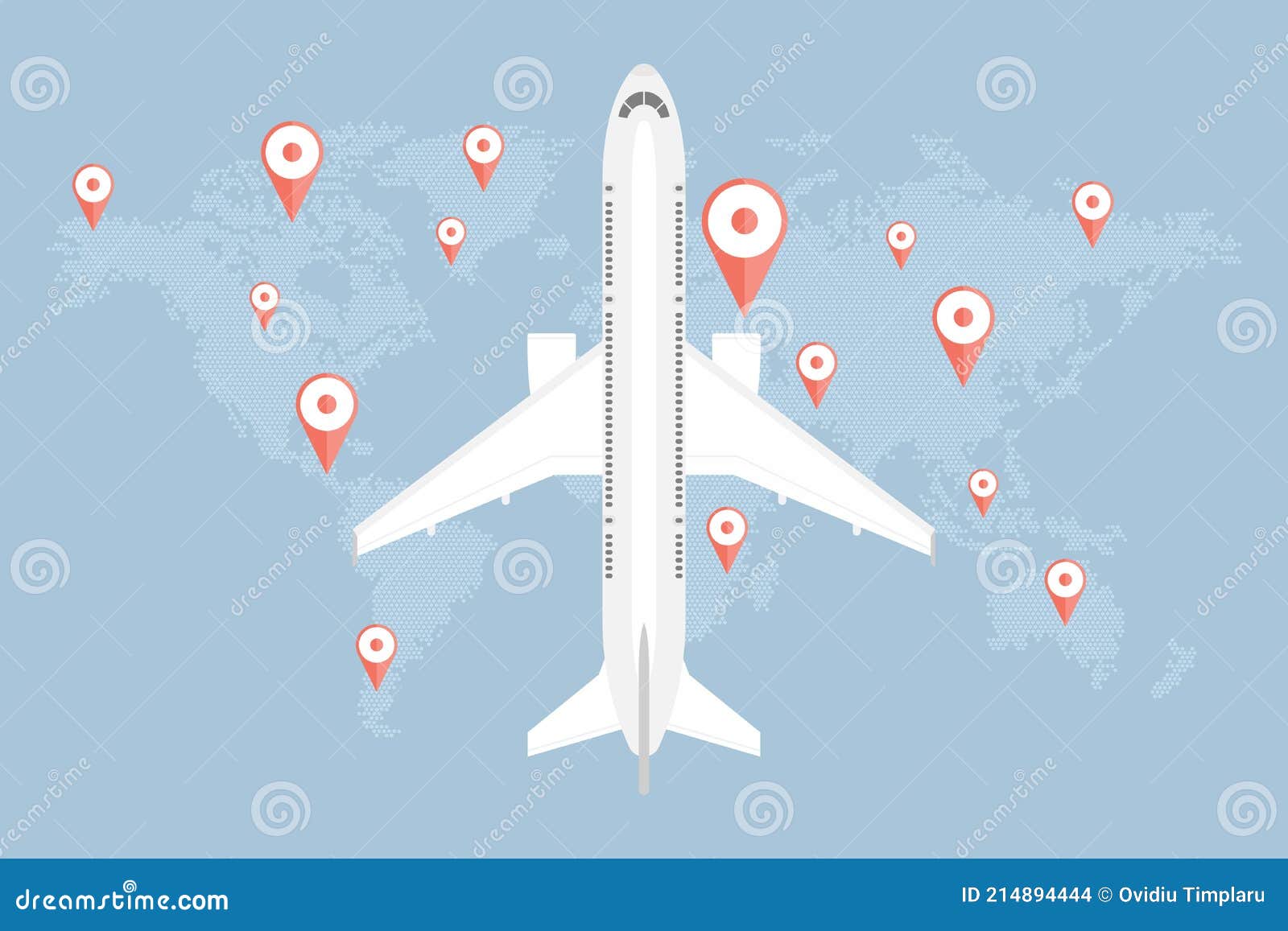 World Travel Concept, Dots Map with Pins and Plane Background Stock ...