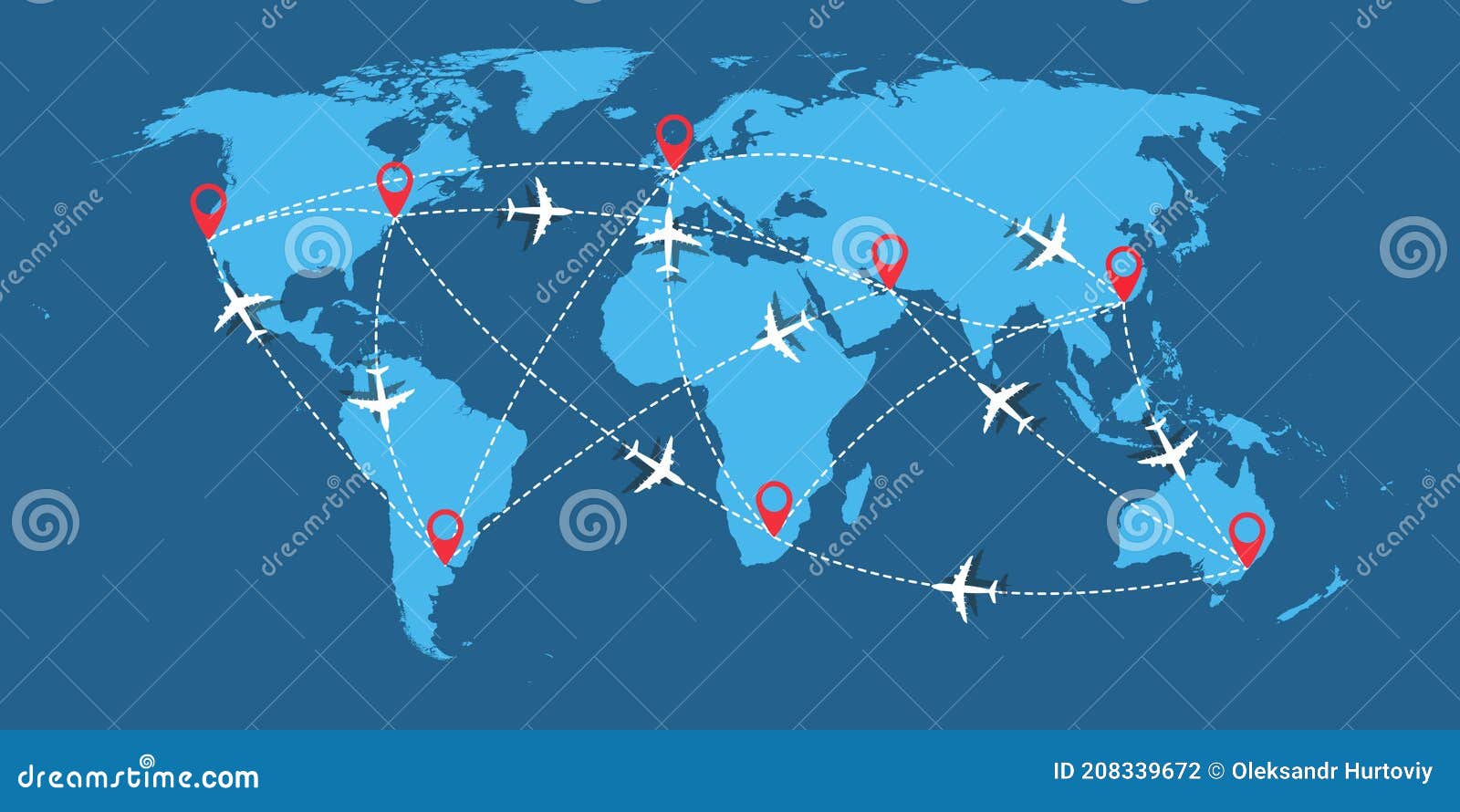 World Travel Map With Airplanes Flight Routes With Red Pins Marker And