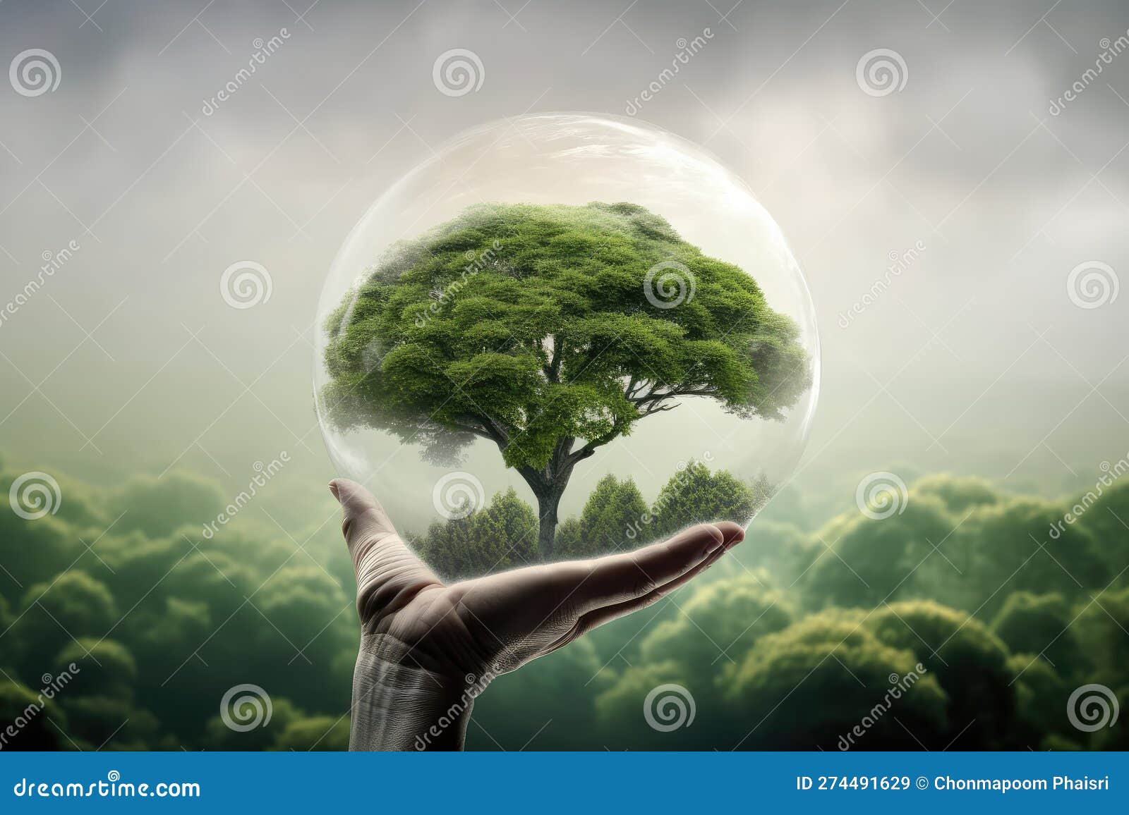 World and Tree in Human Hand on Nature Background. Stock Illustration ...