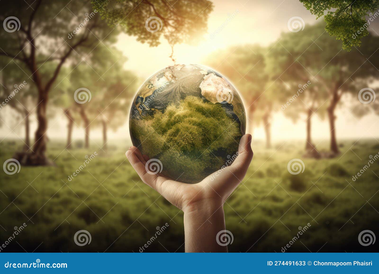 World and Tree in Human Hand on Nature Background. Stock Illustration ...