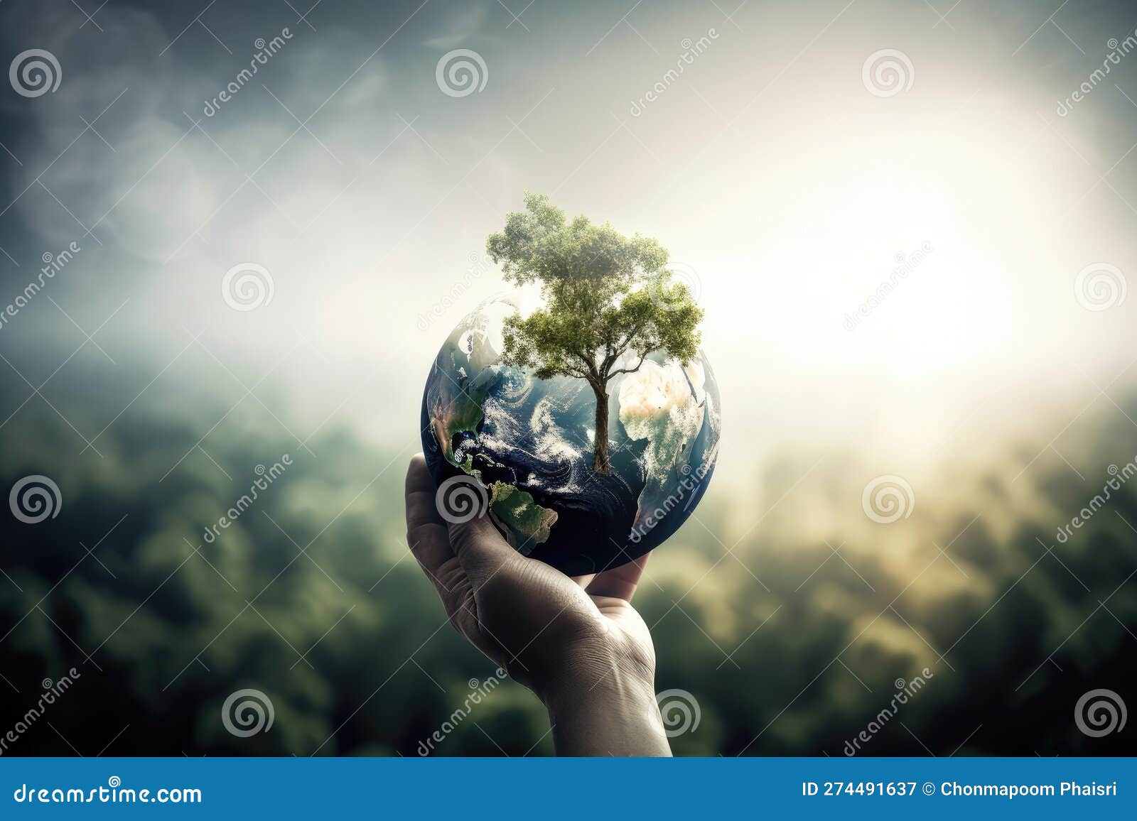 World and Tree in Human Hand on Nature Background. Stock Illustration ...