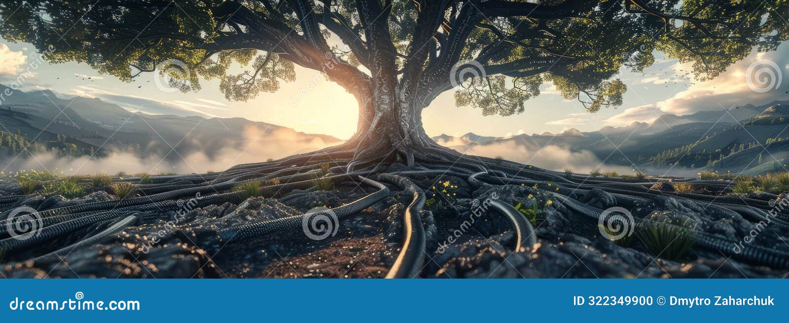 A World Tree with Roots Made of Cables and Pipes, Connecting Continents ...