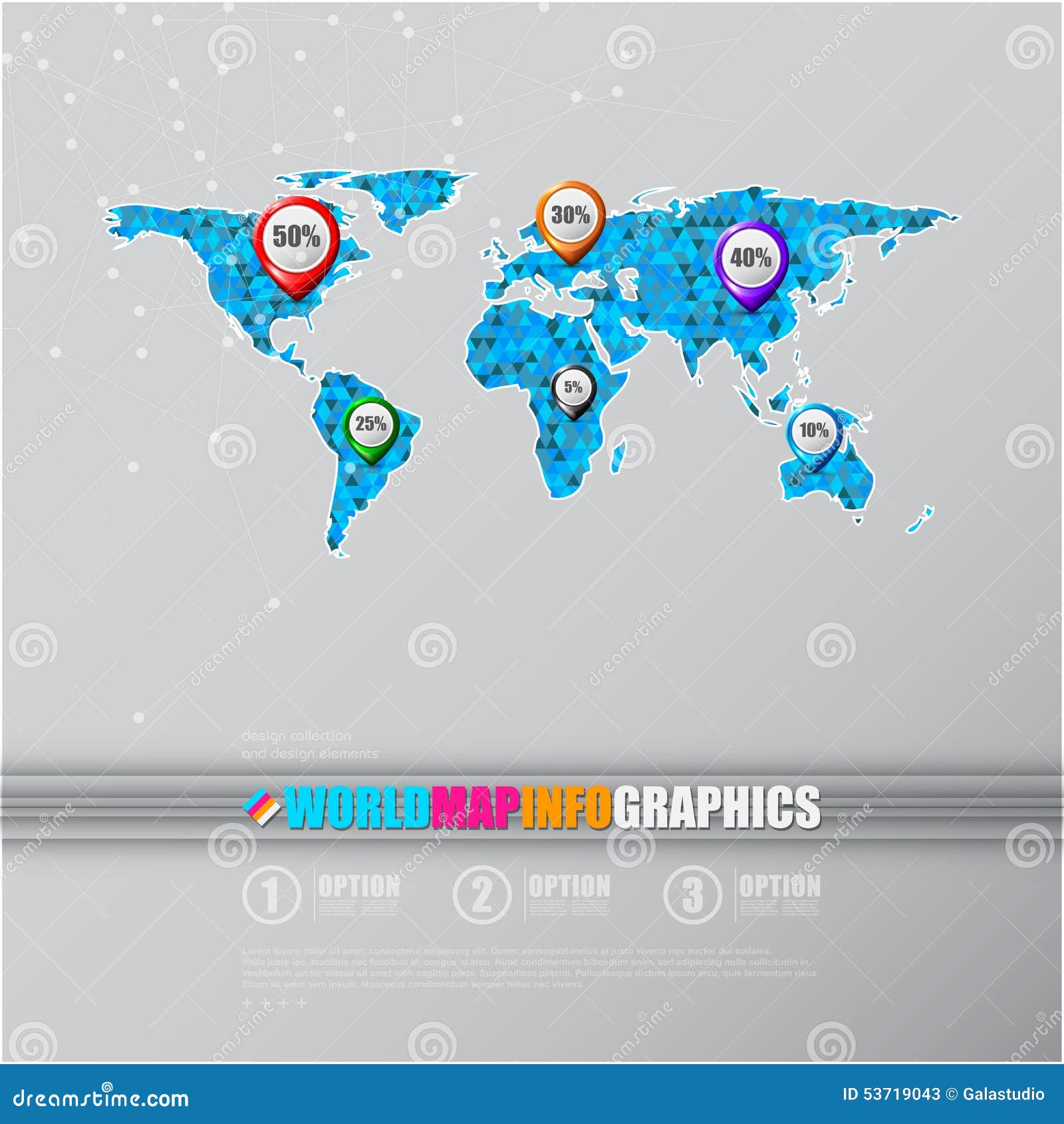 World Triangular Blue Map with Tags, Points and Location Icons. Stock ...