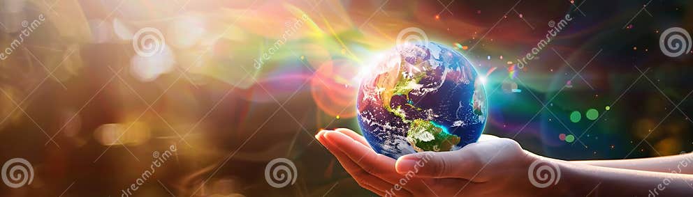 World Unity, Globe with Rainbow Aura, Hands Reaching Out , Clean Sharp ...