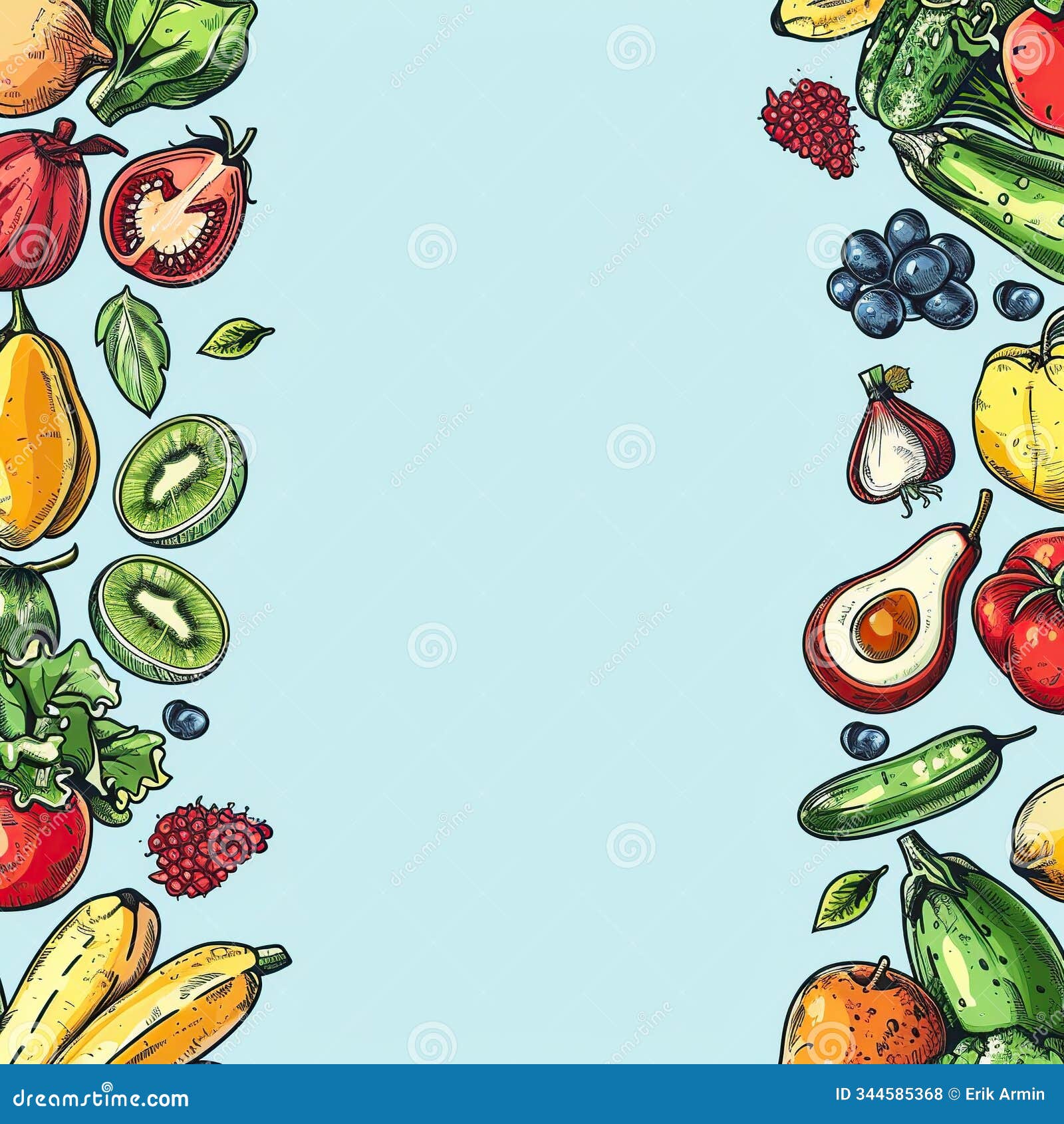 World Vegan Day Hand Drawn Fruit and Veggie Border on a Light Blue ...