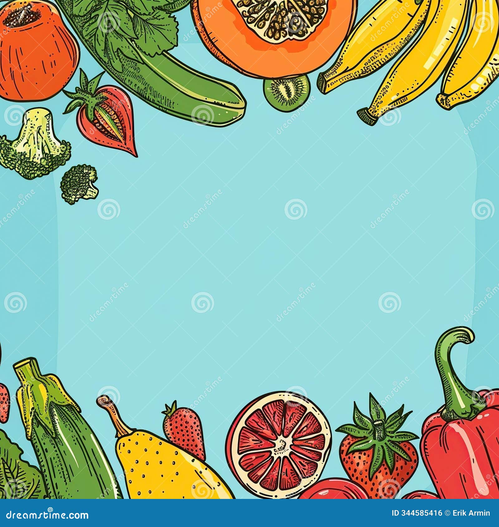 World Vegan Day Hand Drawn Fruit and Veggie Border on a Light Blue ...