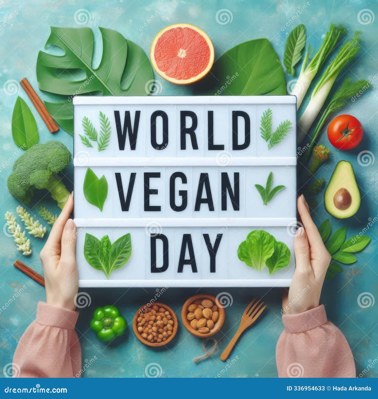 World Vegan Day Message Displayed in Light Box on Bright Flat Lay ...