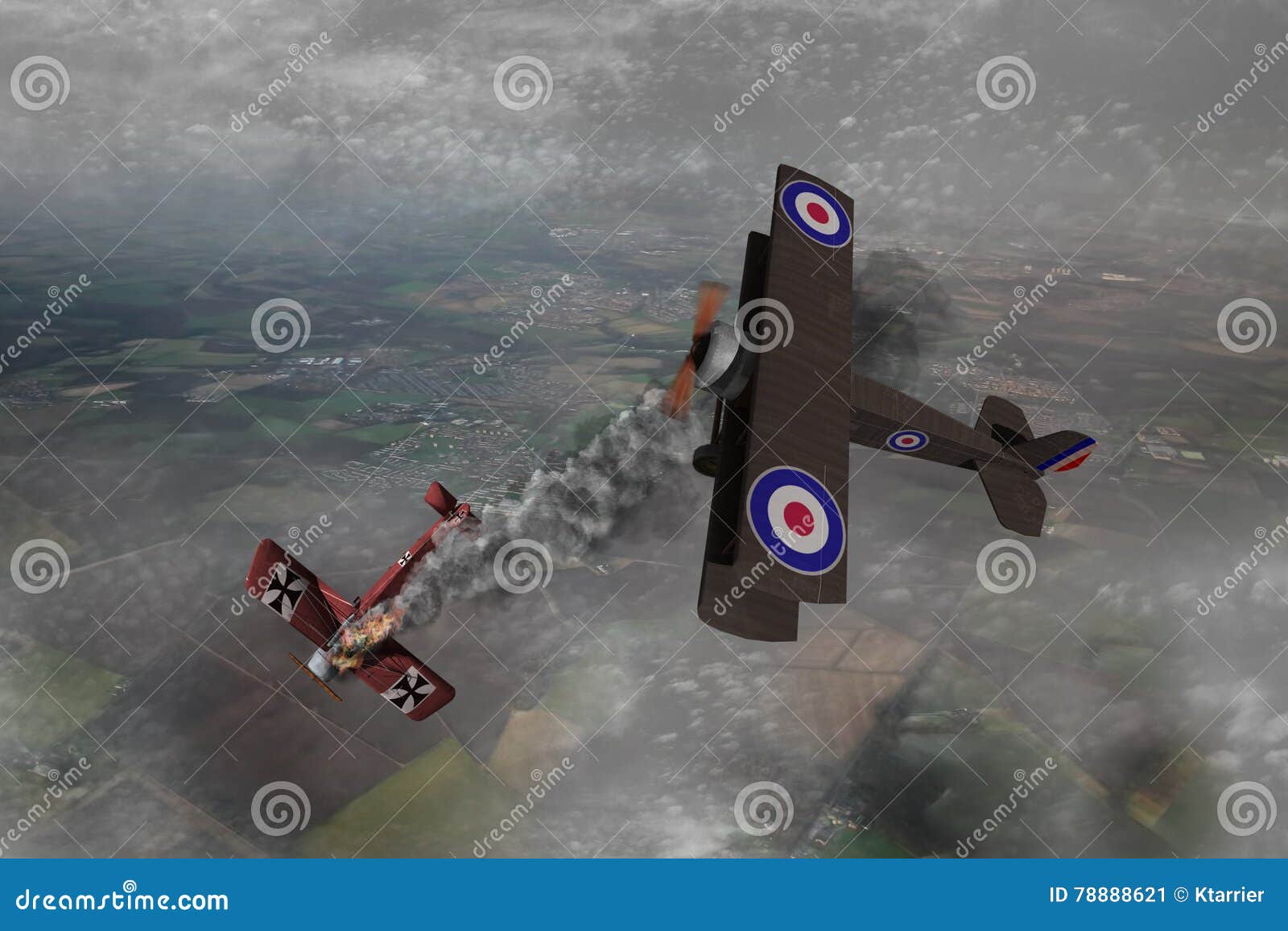 Historic Triplane Aircraft Flying In Front Of A Cloudy Sky On A Blue ...