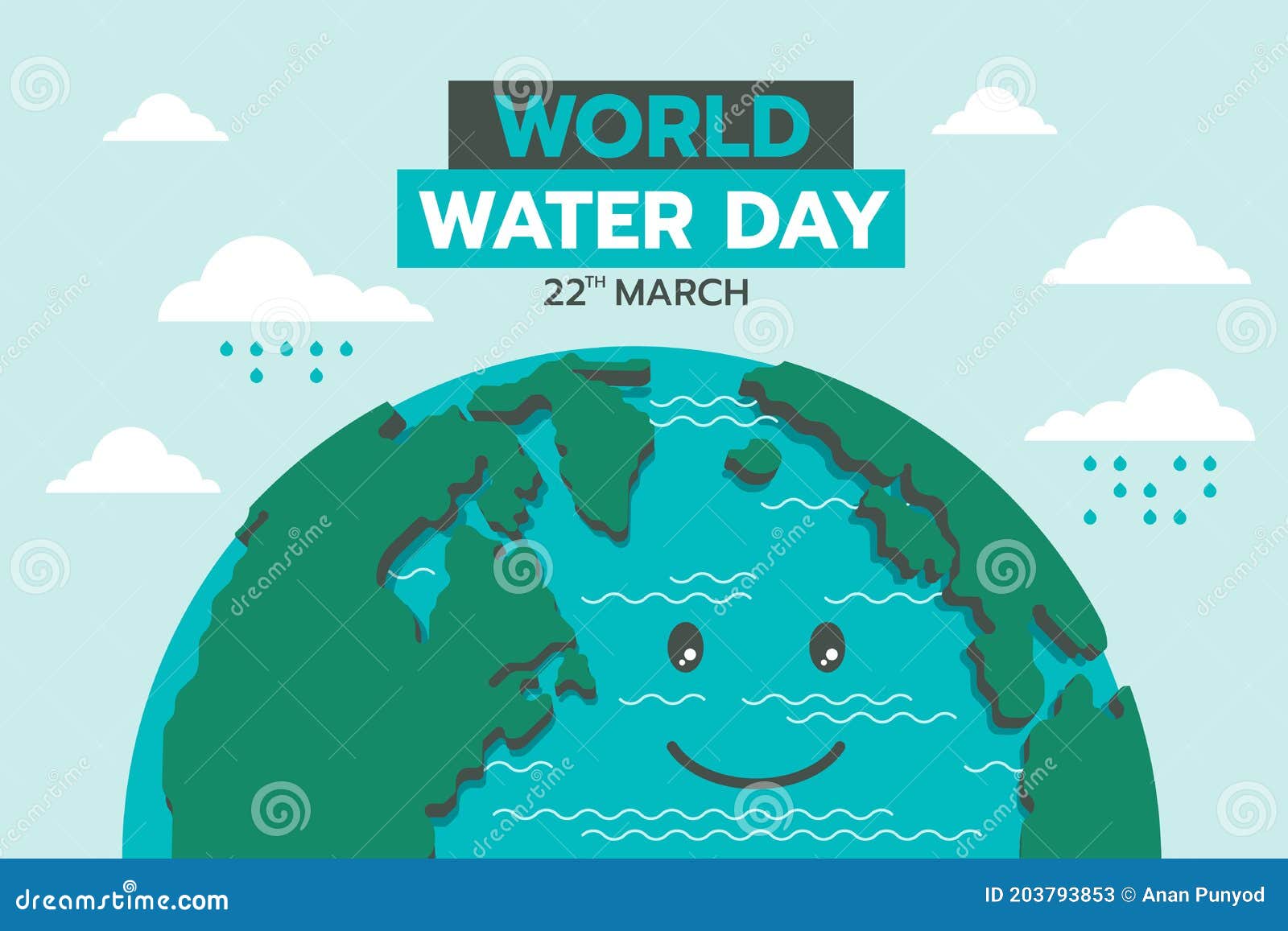 World Water Day Banner Cute Globle with Water Smile and Raining Vector ...
