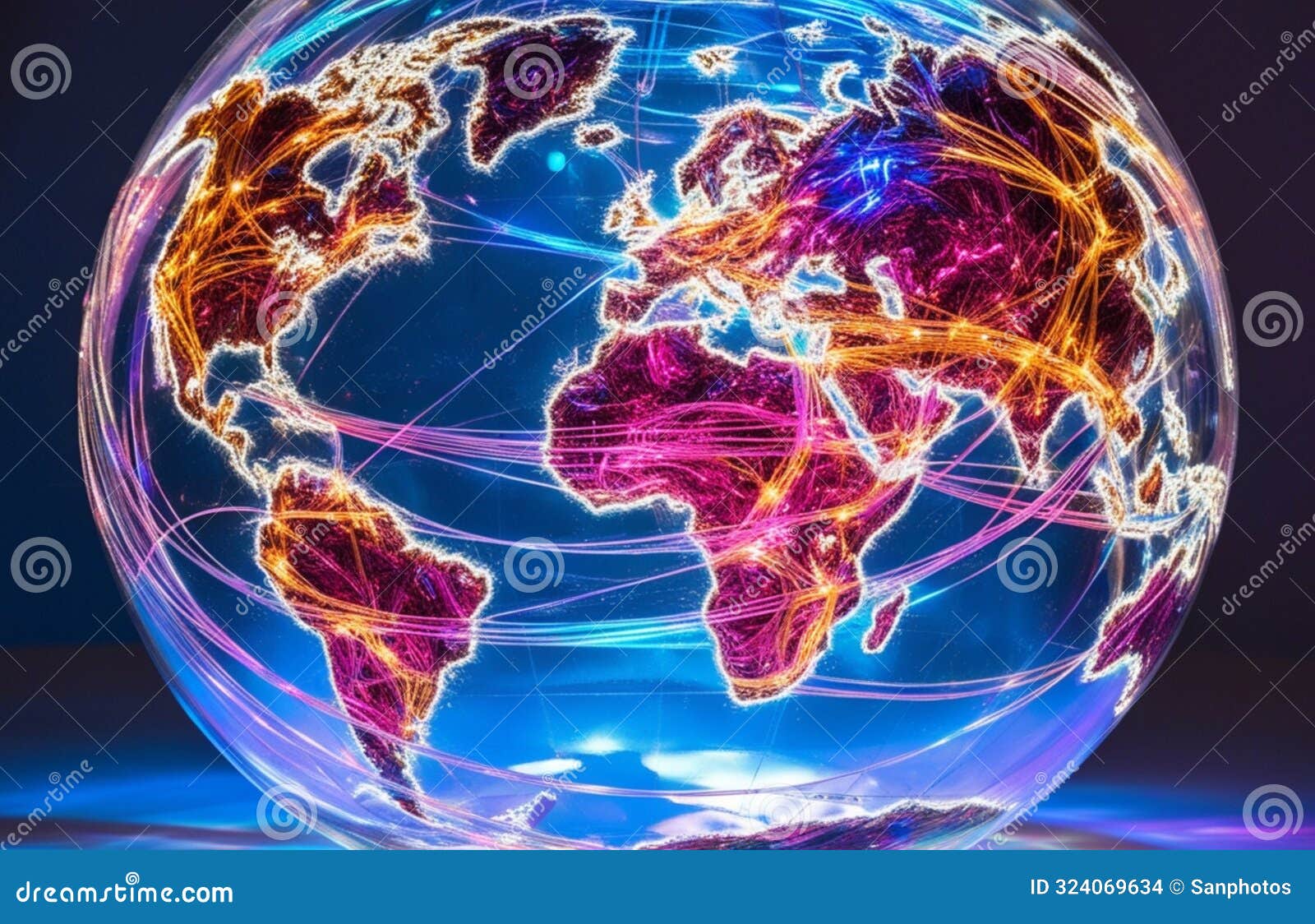 Luminous Fiber-Optic World Map in Crystal Orb Stock Illustration ...