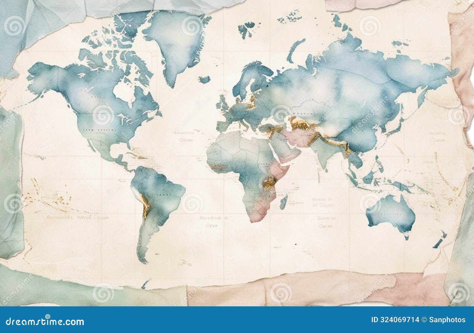 Pastel Ethereal Watercolor World Map on Vintage Paper Stock ...