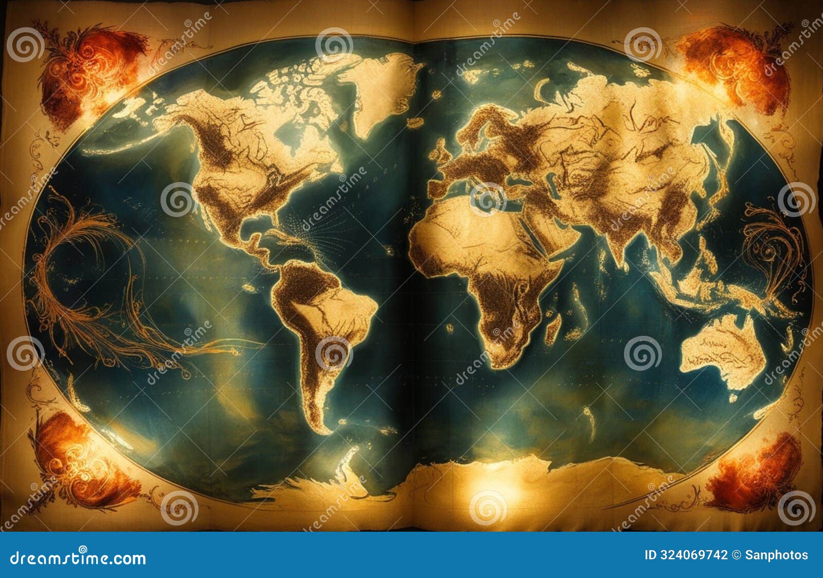Dark Luminescent World Map on Antique Vellum Stock Illustration ...