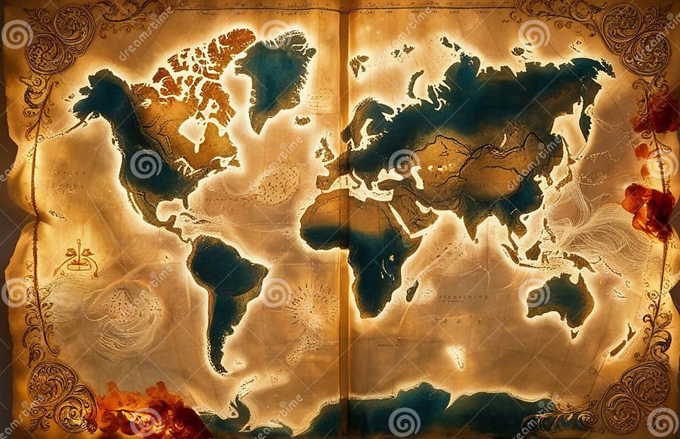 Luminescent World Map on Antique Vellum Stock Illustration ...