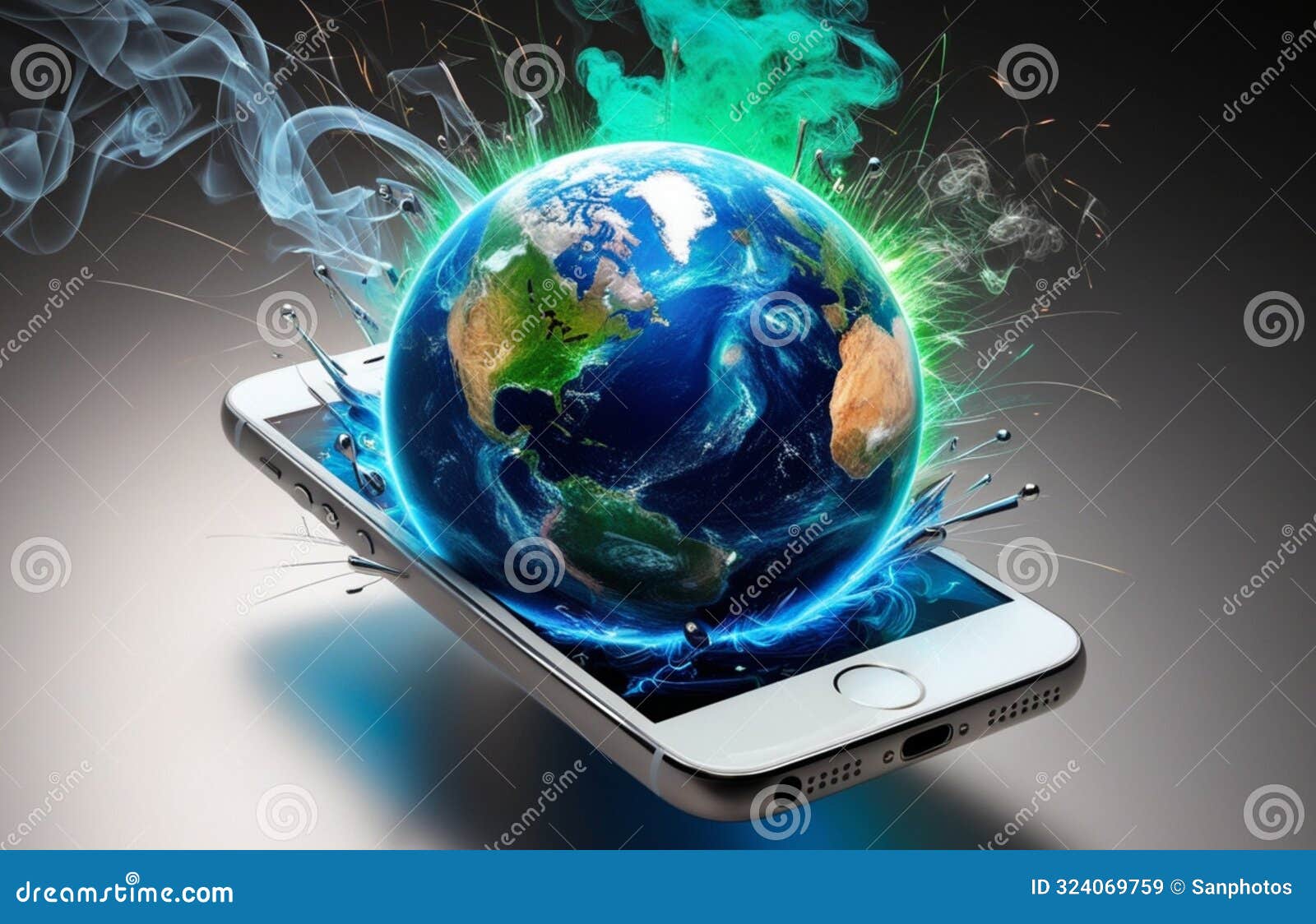 Futuristic Digital Artwork: Smokey Earth Emerging from Phone Stock ...