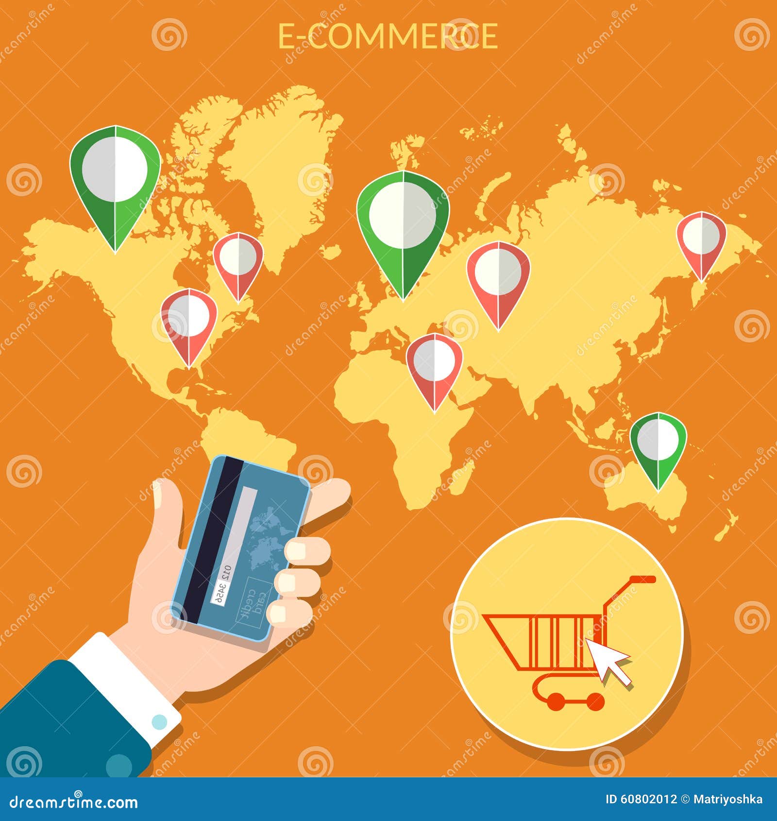 Worlds E-commerce Map Pointer Man Holding Credit Cards Stock Vector ...