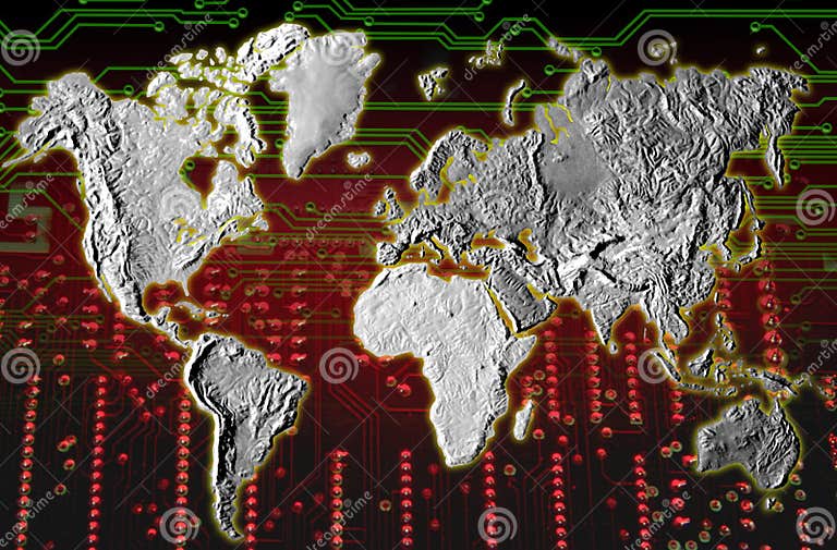 World Map High Tech Electronic Binary Code Digital Circuit Board ...
