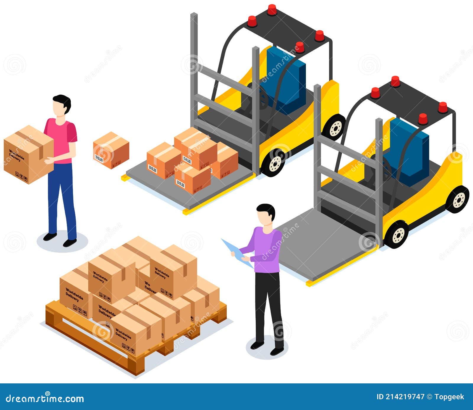 Worldwide Sales Concept. Worker Loading Boxes on Carrier. Man Holding ...