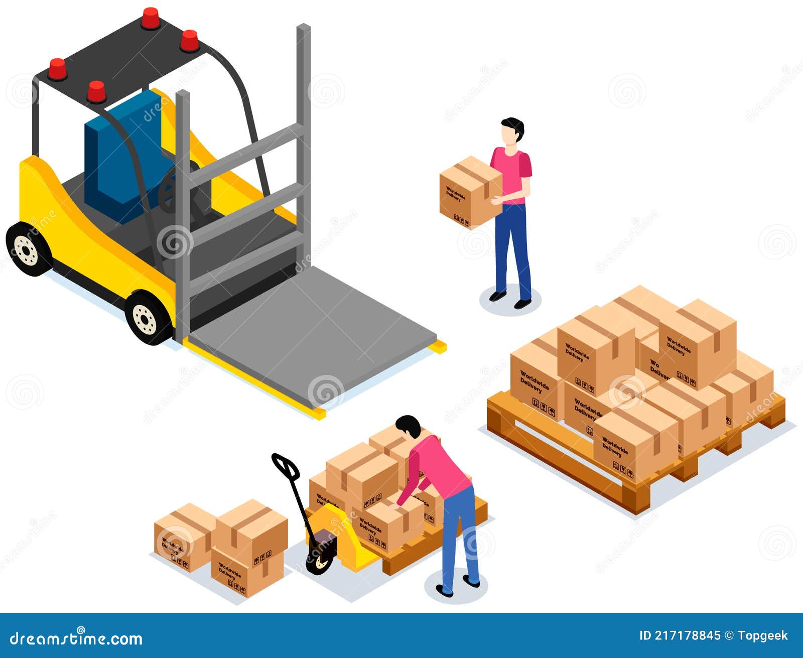 Worldwide Sales Concept. Worker Loading Boxes on Carrier. Man Holding ...