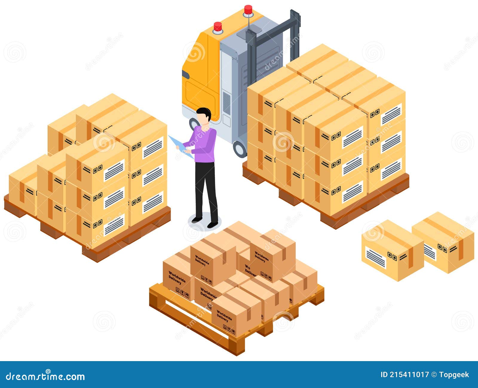 Worldwide Sales Concept. Worker Loading Boxes on Carrier. Man Holding ...