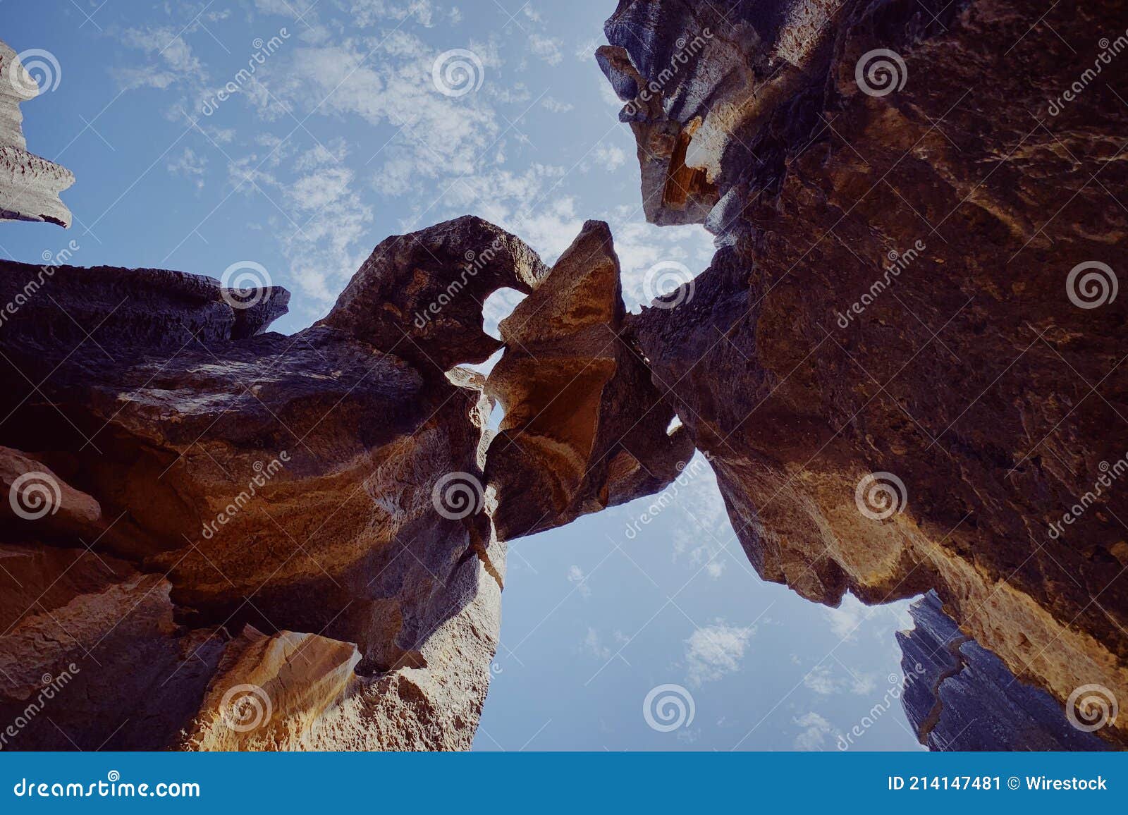 Worm S Eye View of a Boulder between Rock Pillars Against a Blue Sky ...