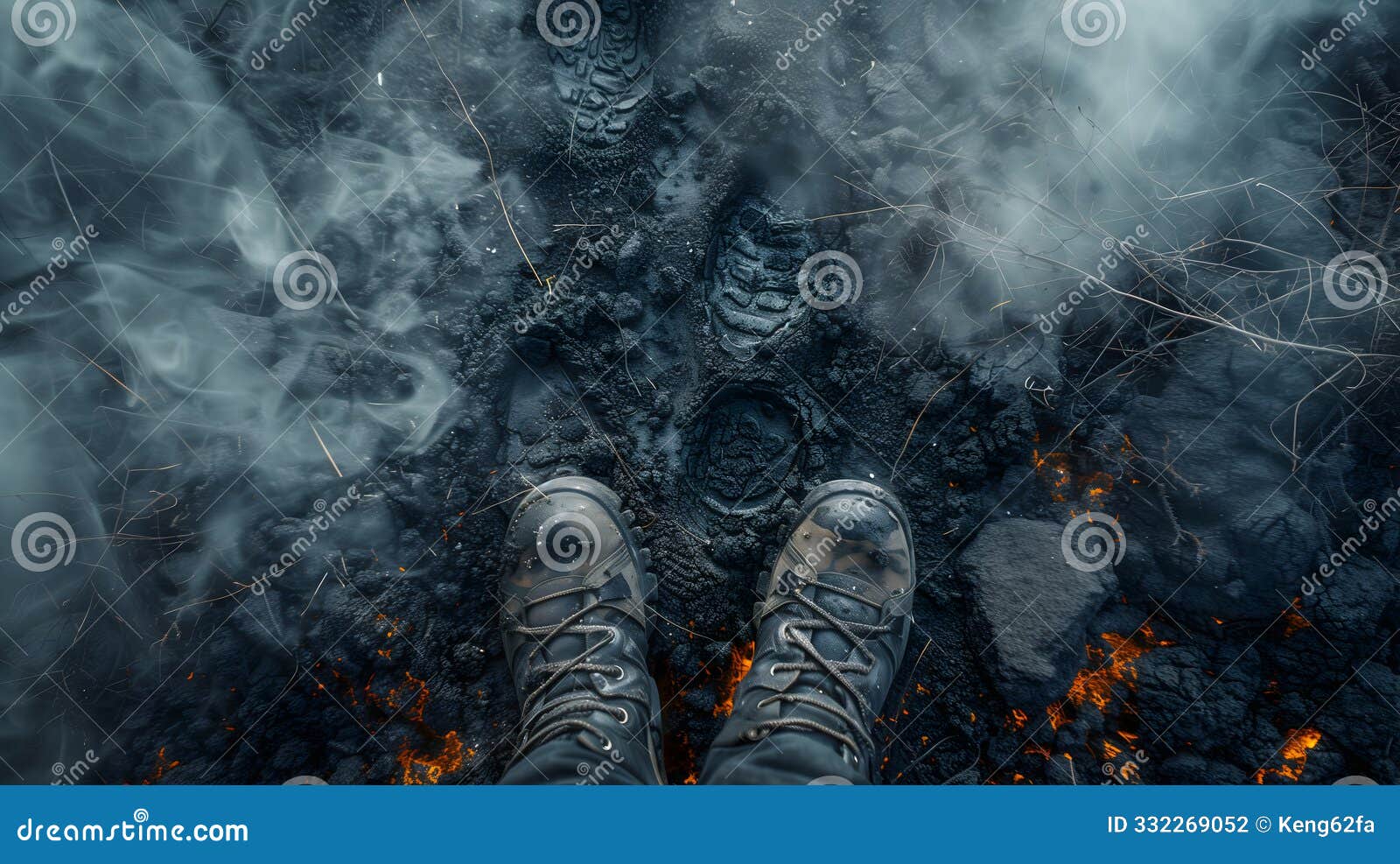 Worn Boots Create Deep Footprints on Smoldering, Charred Ground ...
