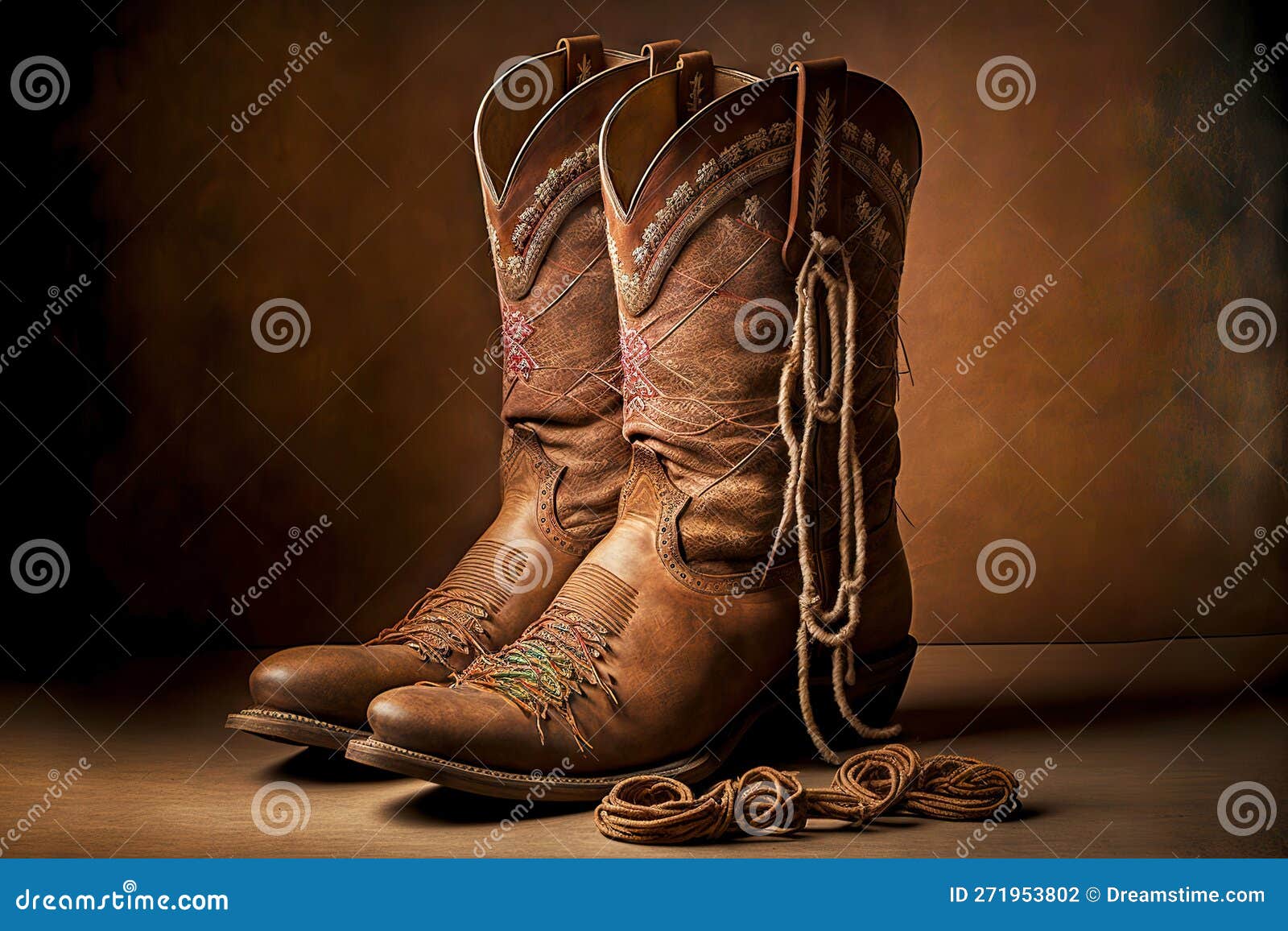 Worn Brown Cowboy Boots with Rope Decorations on Front Stock ...