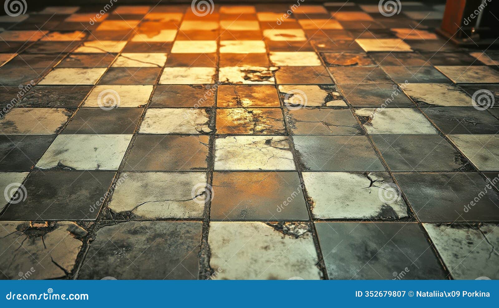 Worn Checkerboard Tile Floor with Warm Light Reflection and Weathered ...