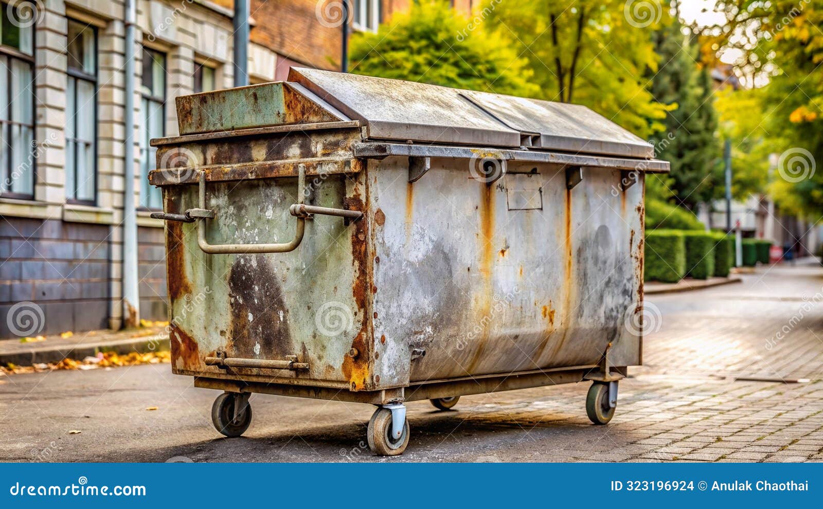 Worn Old Metallic Garbage Dumpster Container or Dust Bins at the Street ...
