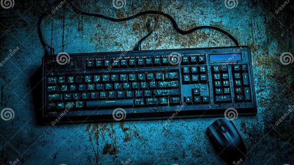 Worn Out Keyboard and Mouse on Distressed Blue Surface in Dim Lighting ...