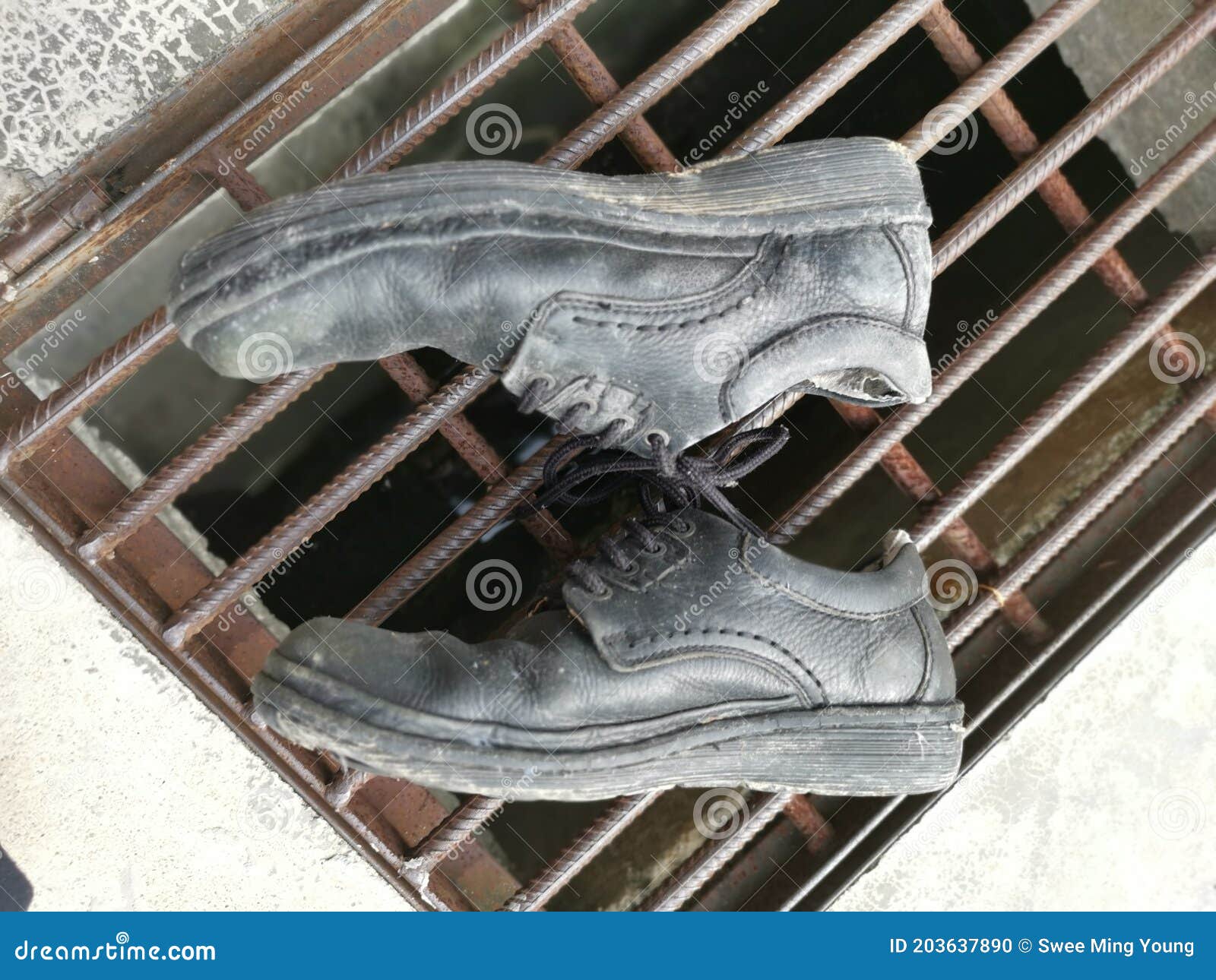 Worn Out Man`s Black Leather Shoe. Stock Photo - Image of male, casual ...