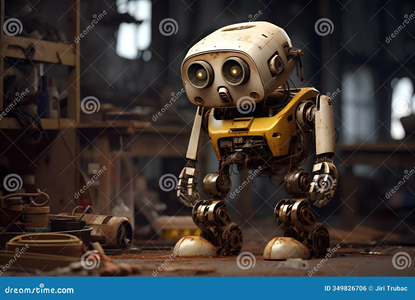 A Worn Out Small Robot is Abandoned in an Old Factory Hall. Sci-fi ...