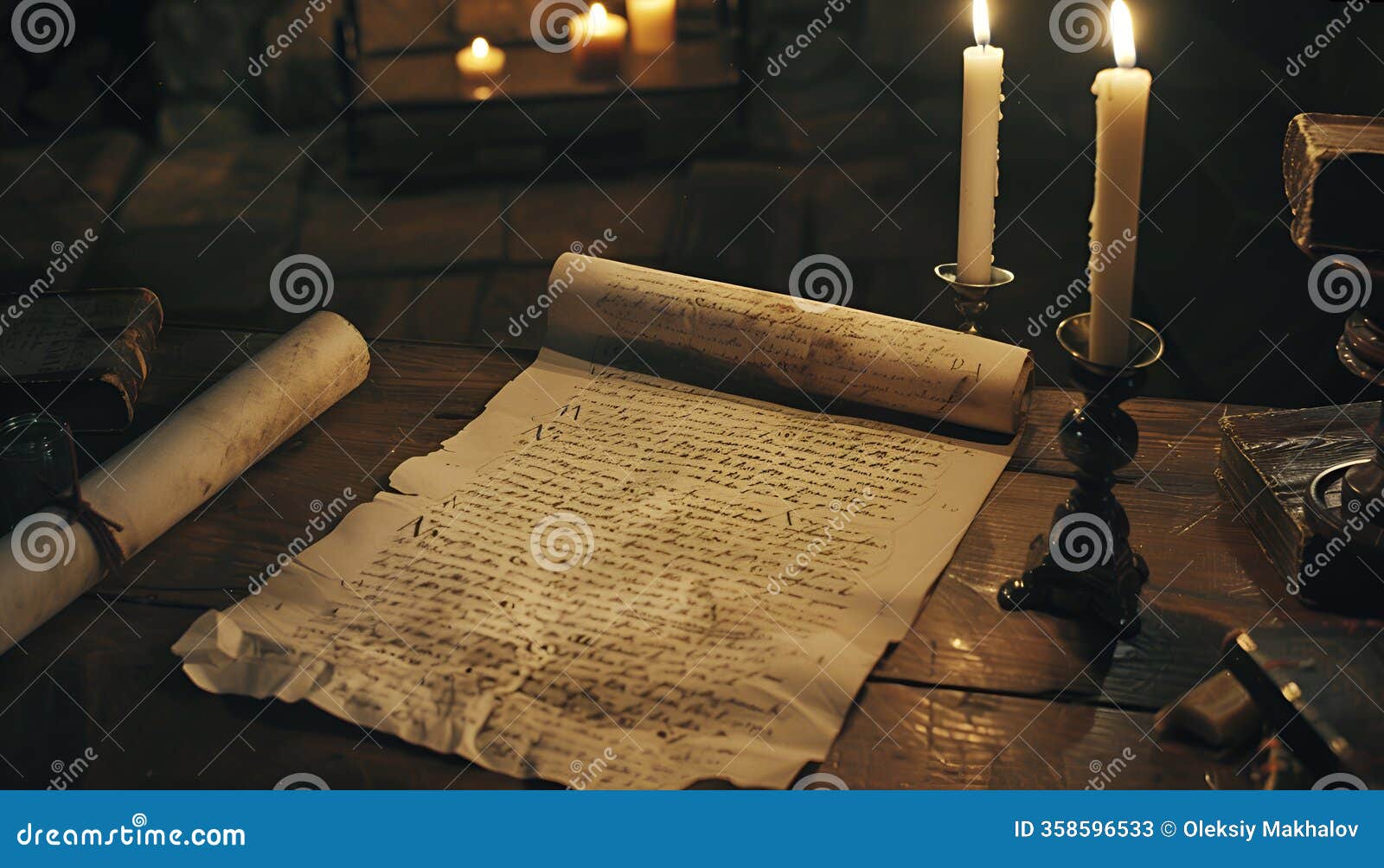 Worn Parchment, Ancient Gothic Script, Candlelit Desk Stock Image ...