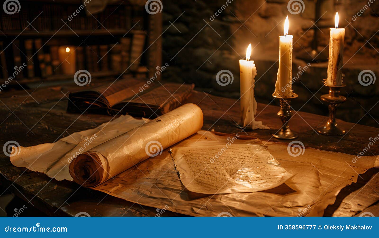 Worn Parchment, Ancient Gothic Script, Candlelit Desk Stock Image ...