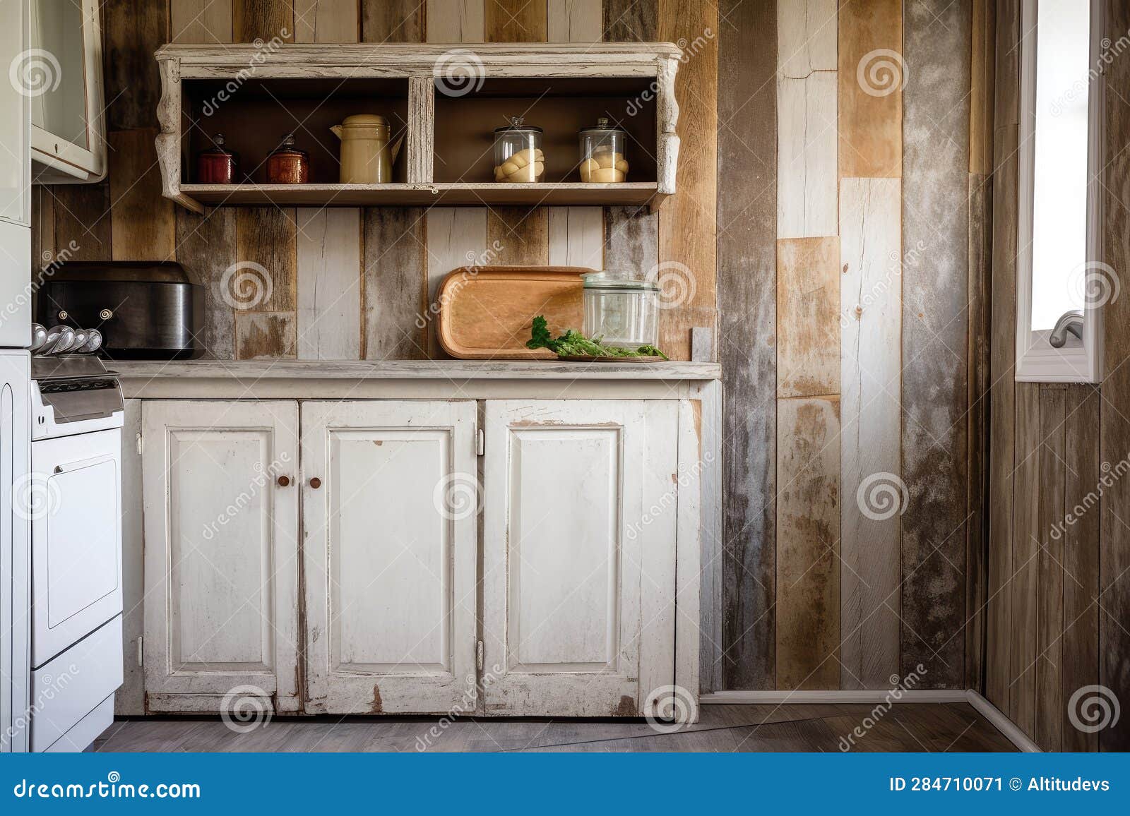 Worn Wood Paneling with Distressed Finish in Country Kitchen Stock ...