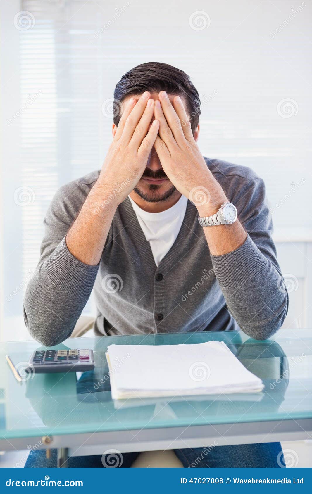 Worried Businessman with Head in Hands Stock Photo - Image of clothing ...