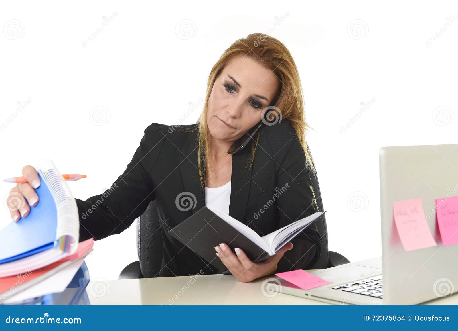 Busy Attractive Woman In Business Suit Working In Stress Writing