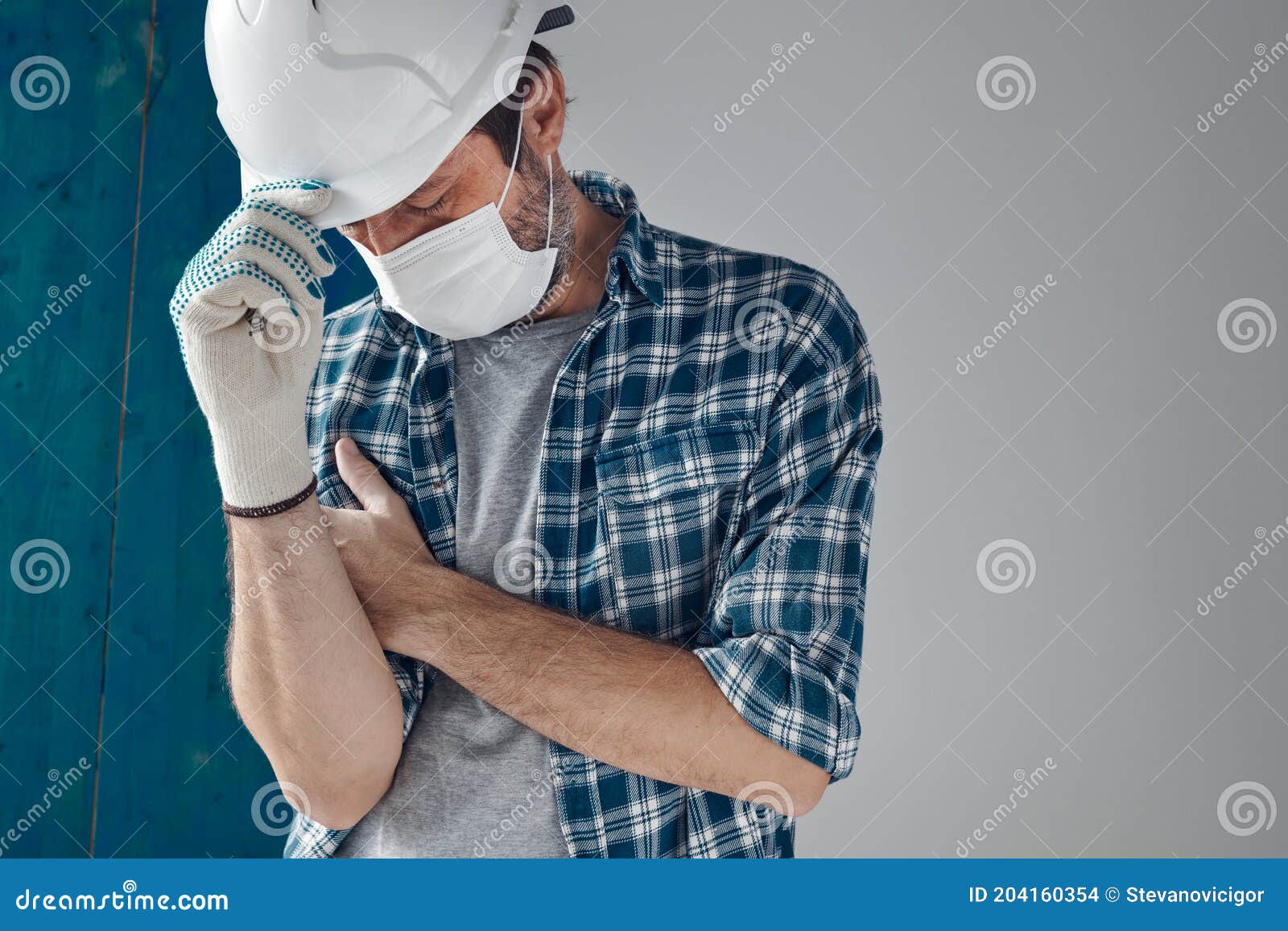 Worried Construction Engineer with Protective Face Mask Stock Photo ...