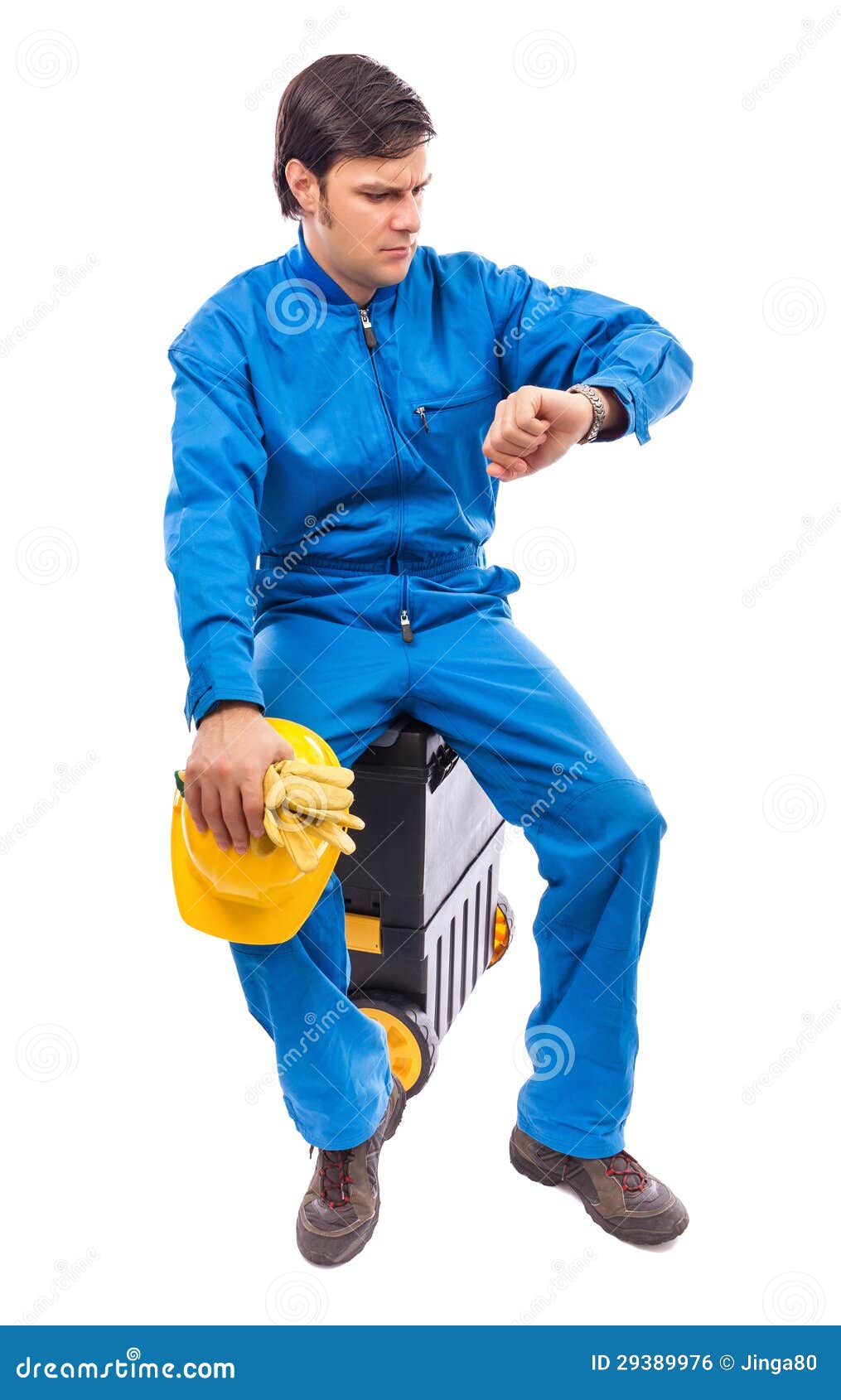 Worried Construction Worker Looking at Watch with Serious Expre Stock ...