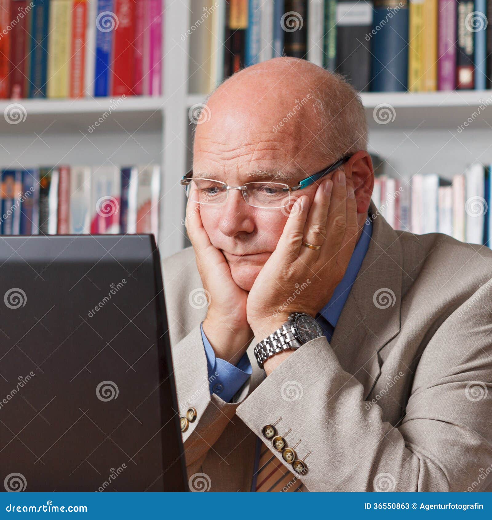Worried Elderly Man with Computer Stock Image - Image of haired ...