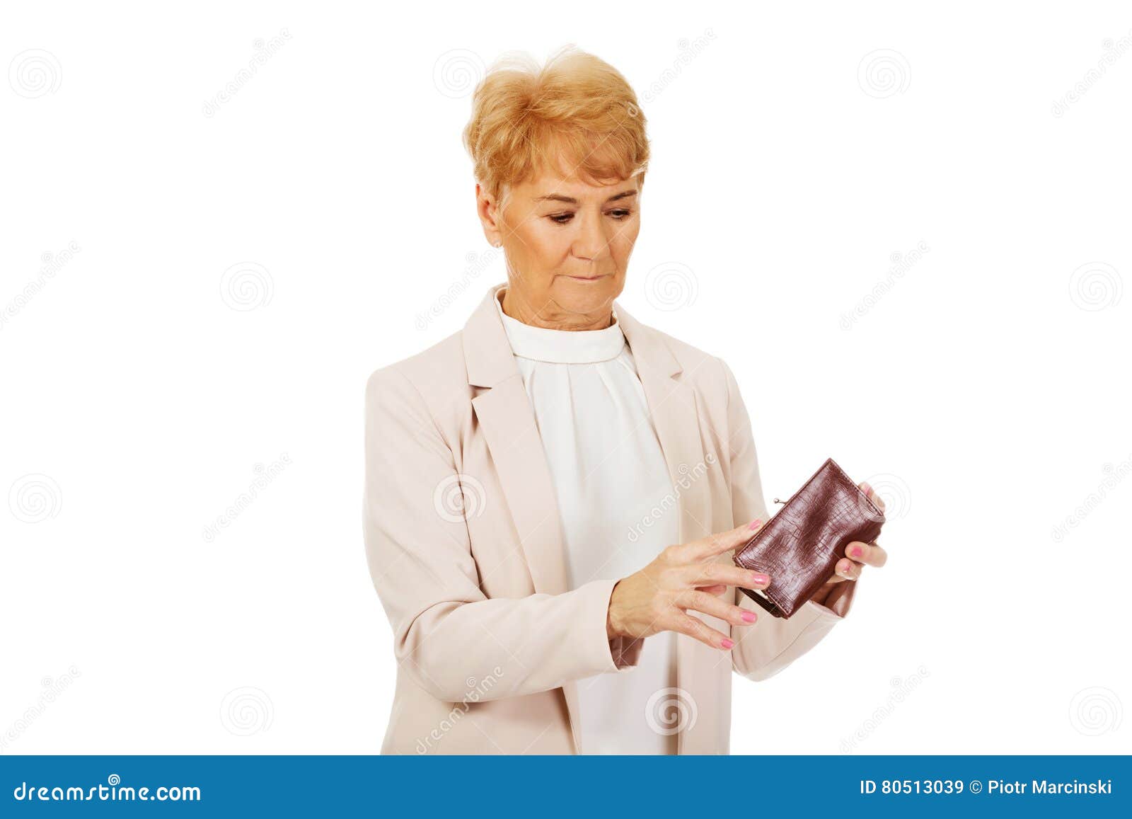 Worried Elderly Woman with Empty Wallet Stock Image - Image of isolated ...