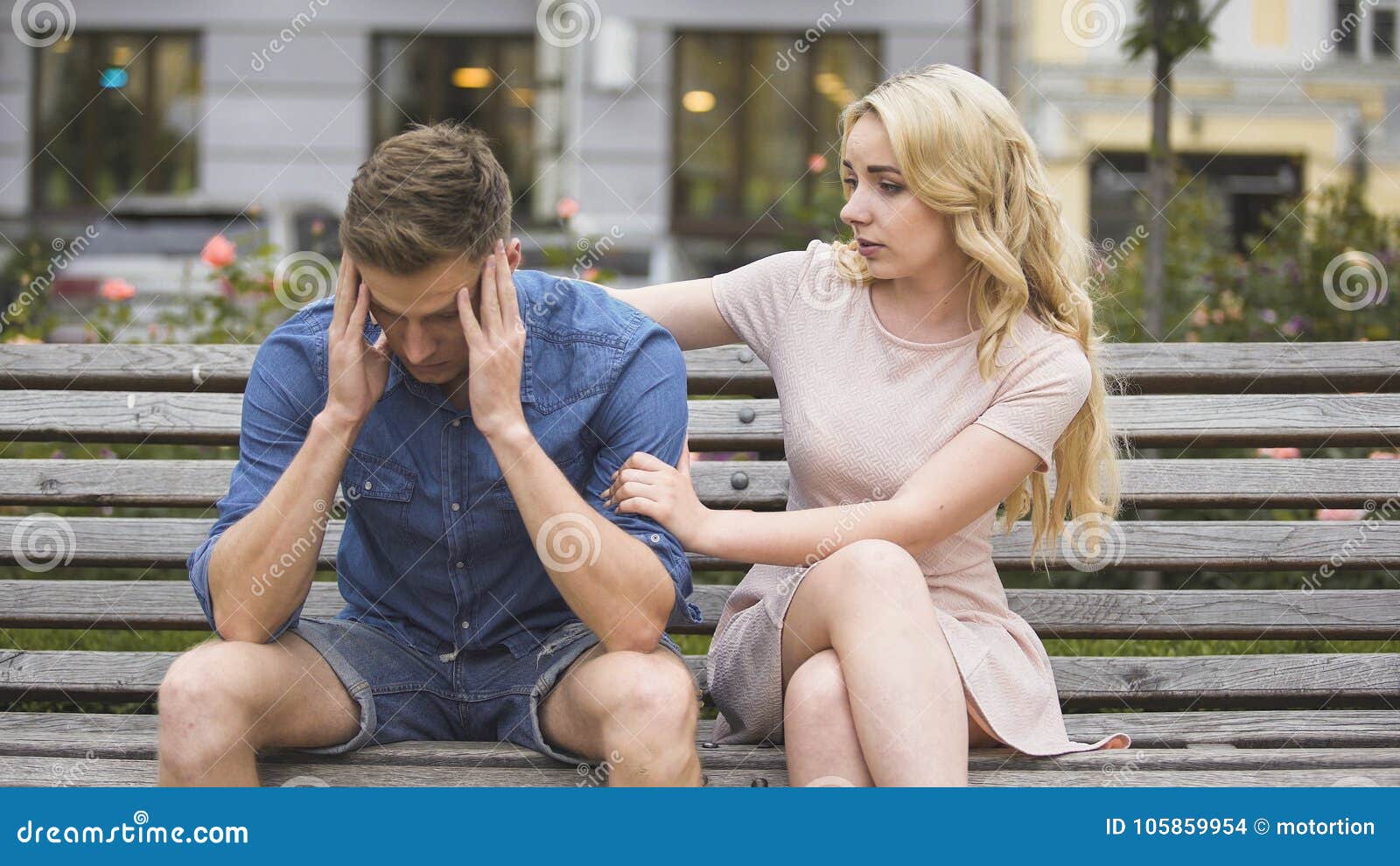 Worried Guy Sitting on Bench, Girlfriend Calming Him Down, Problems and ...