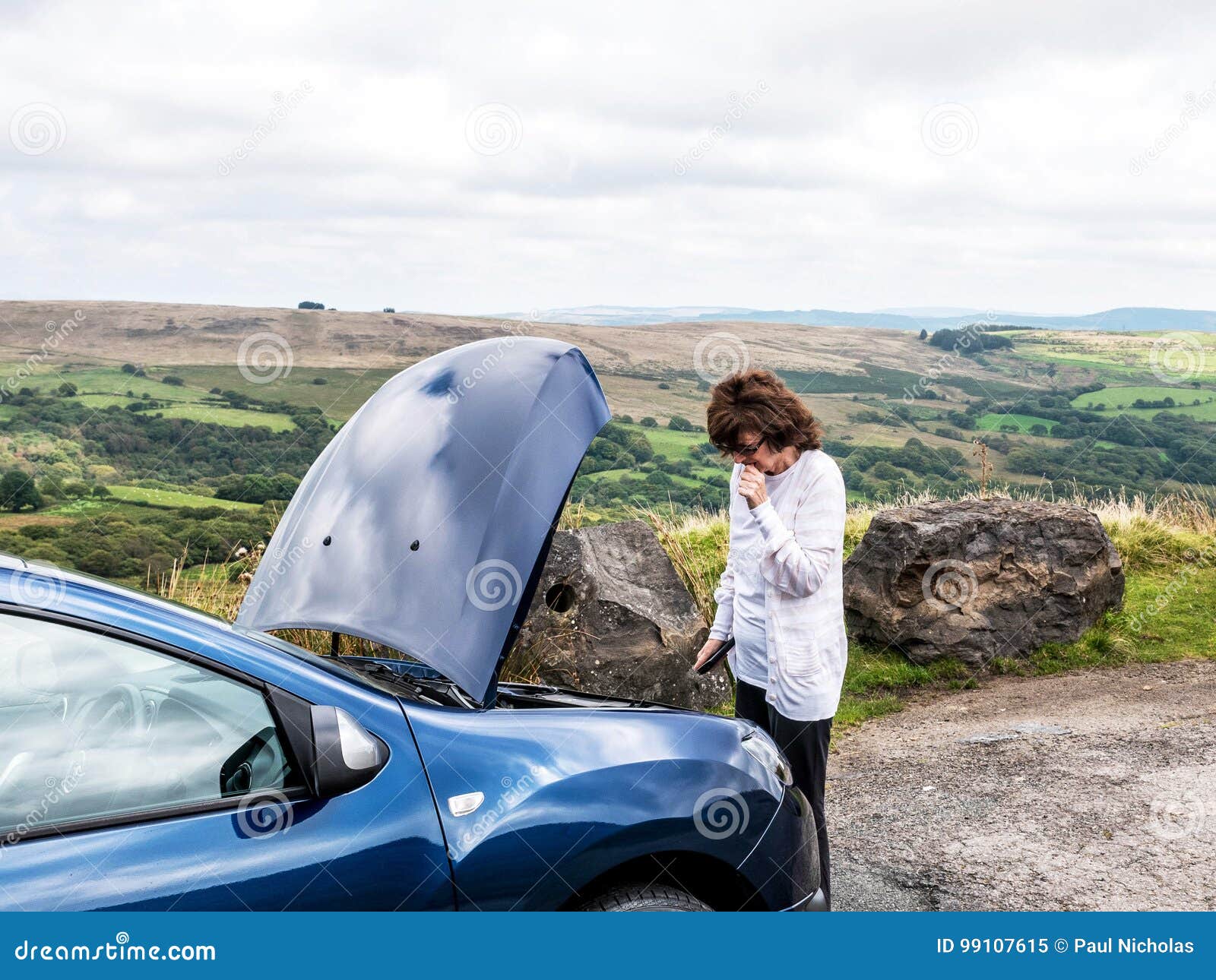 Worried Lady at Car Breakdown Stock Image - Image of signal ...
