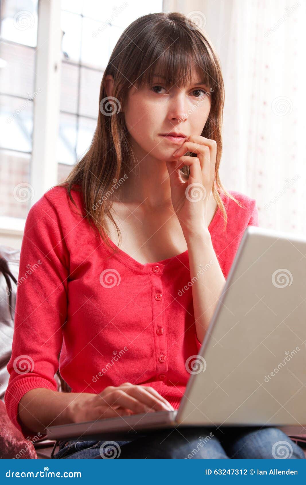 Worried Looking Woman Using Laptop Stock Photo - Image of person, young ...