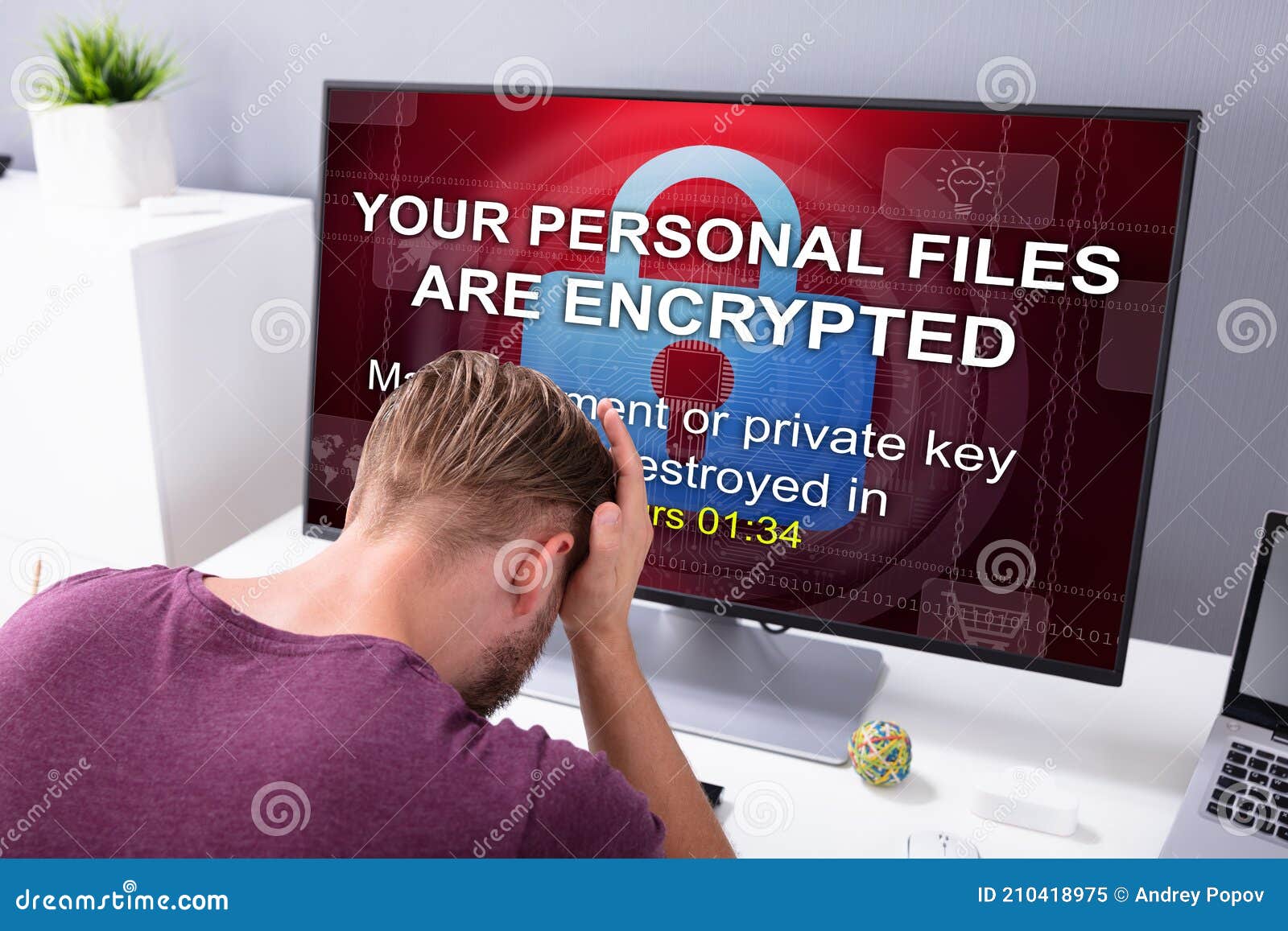 Worried Man at Computer with Ransomware on the Screen Stock Image ...