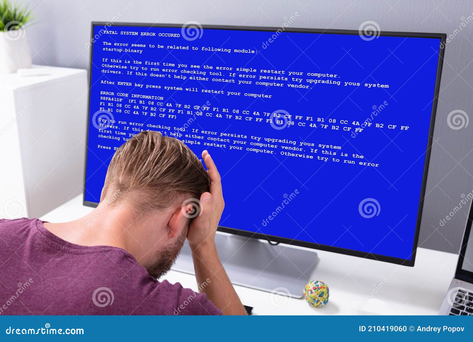 Worried Man at Computer with System Failure on the Screen Stock Photo ...