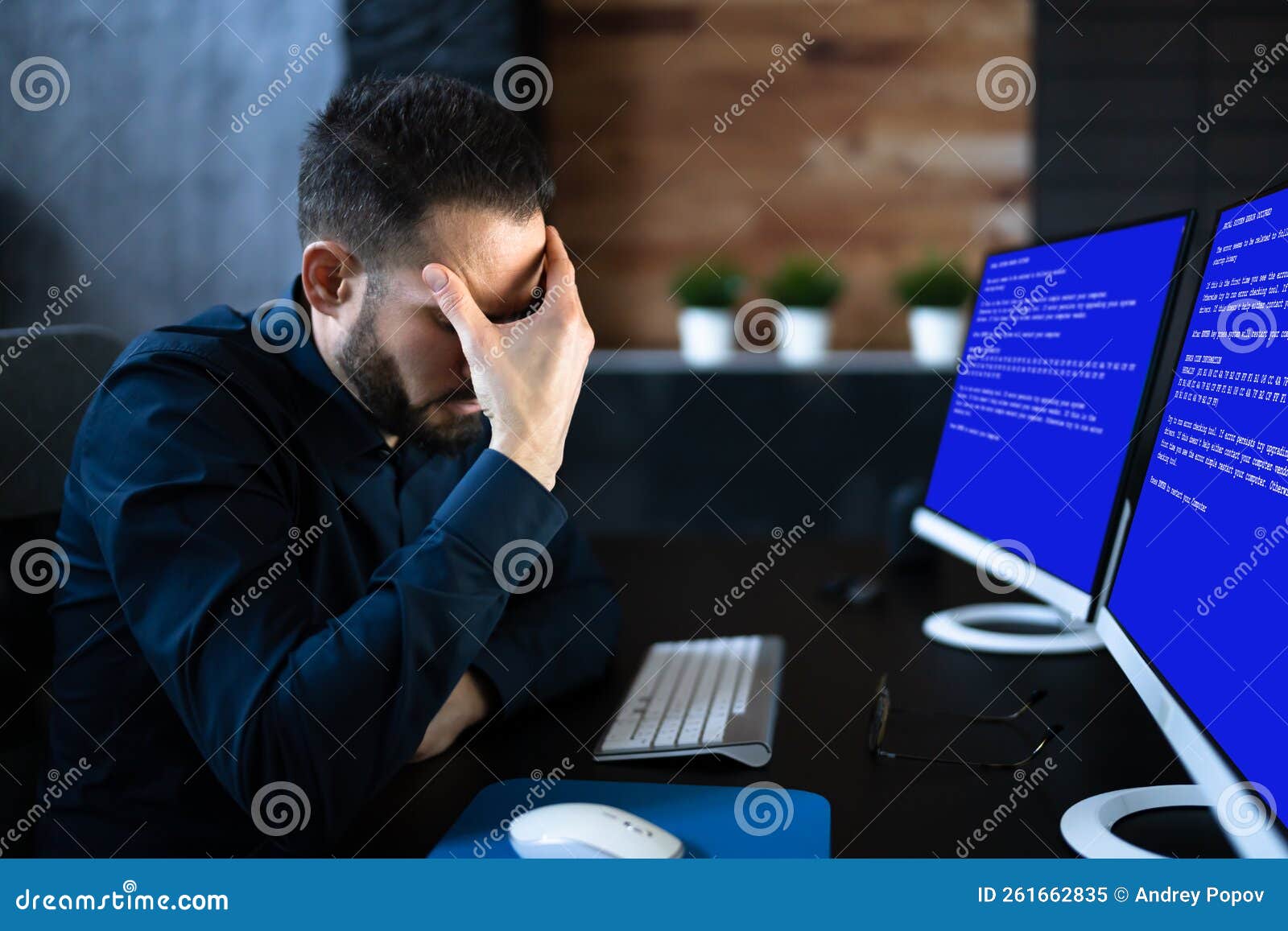 Worried Man at Computer with System Failure Screen Stock Image - Image ...