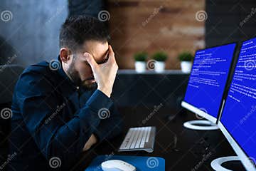 Worried Man at Computer with System Failure Screen Stock Image - Image ...