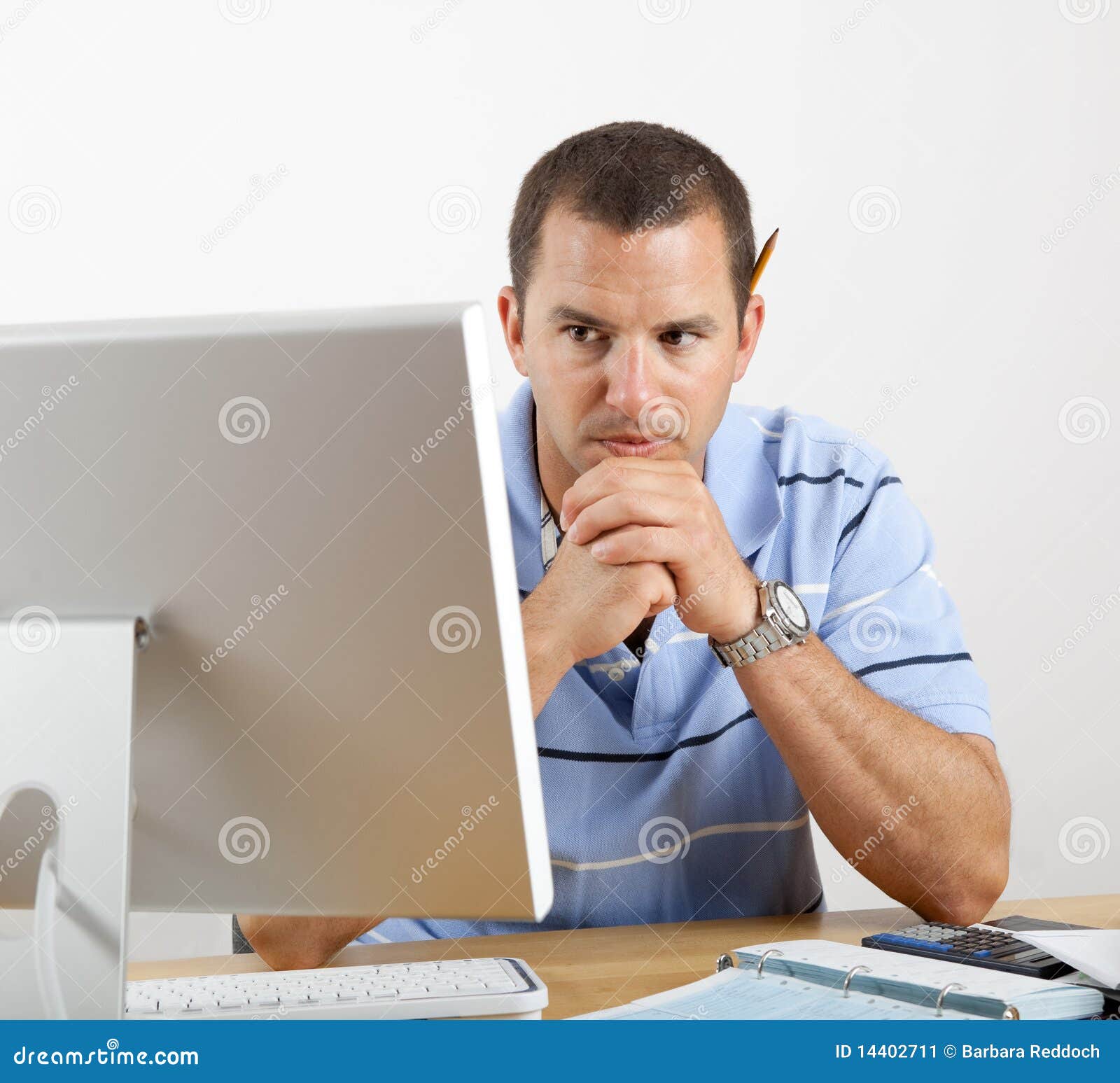 Worried Man at Desk and Computer Paying Bills Stock Image - Image of ...