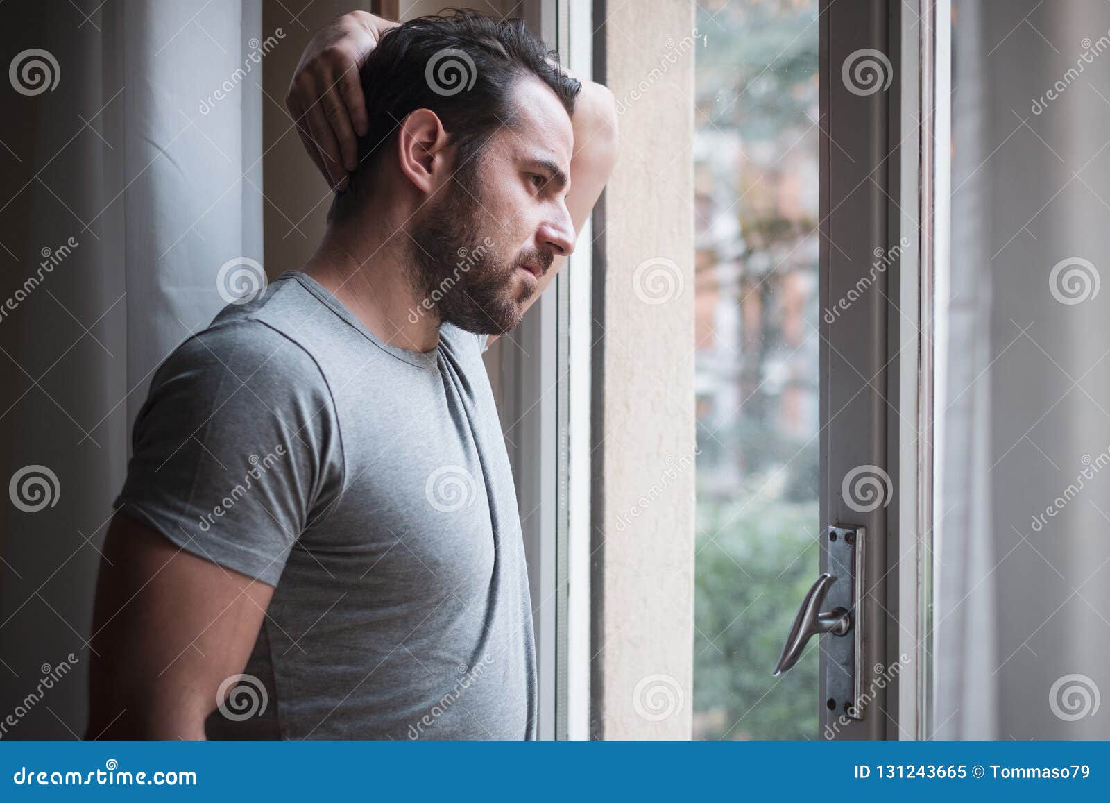 Worried Man Looking Thoughtful Out of Window Stock Image - Image of ...