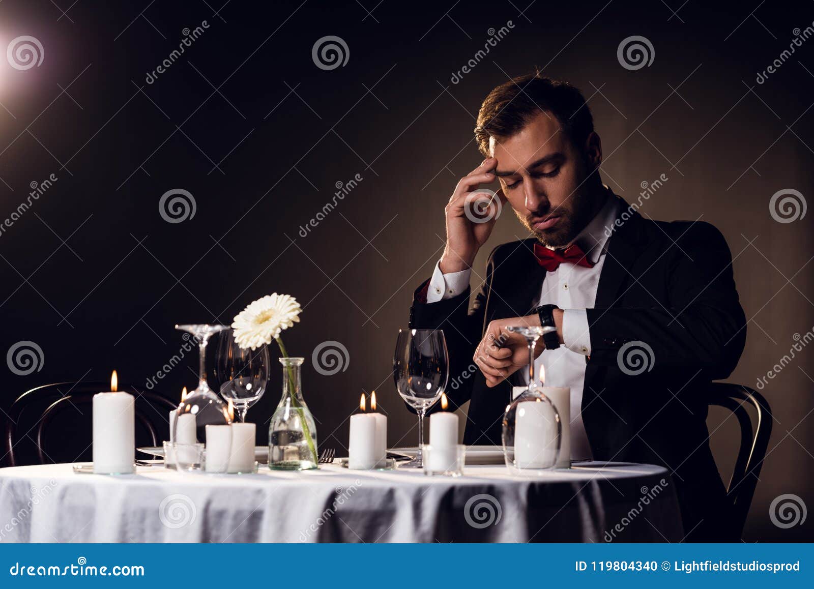 Worried Man Looking at Watch while Waiting for Romantic Date Stock ...